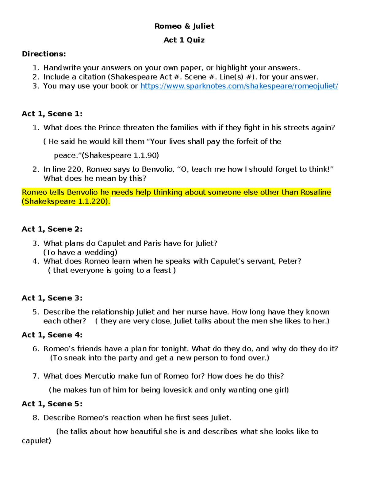 Act 1 quiz - quiz for mrs wilmers class. - Romeo & Juliet Act 1 Quiz ...