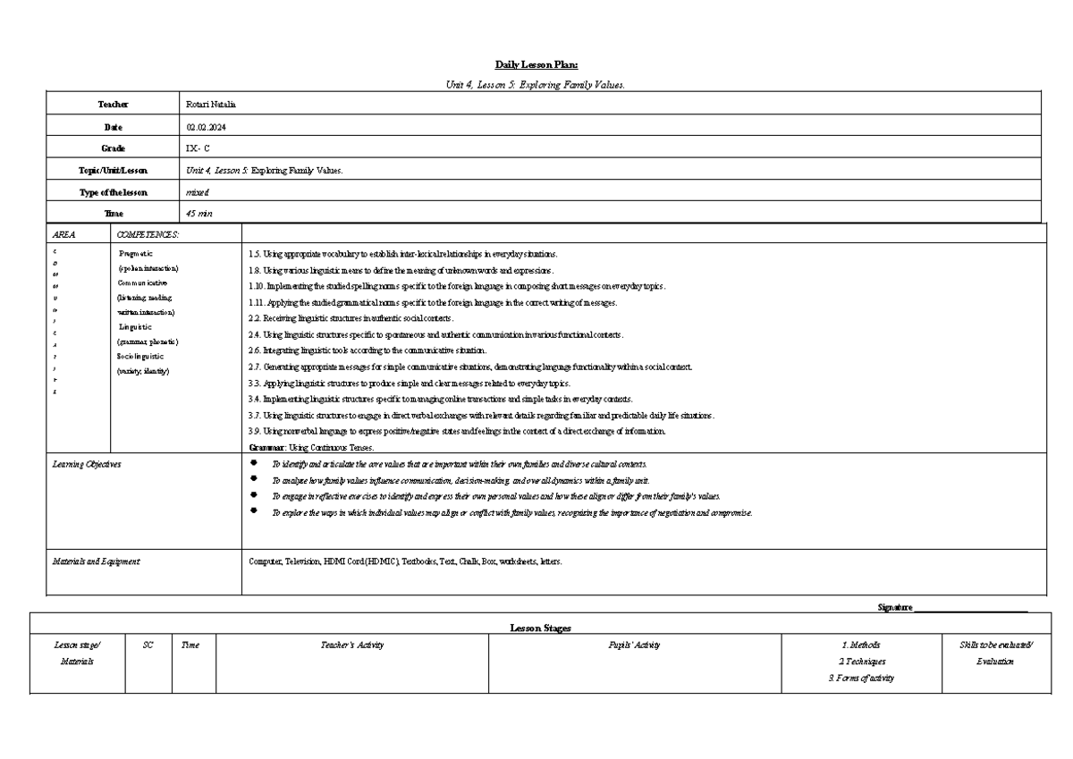 Exploring Family Values 9 C - Teacher Rotari Natalia Date 02. Grade IX ...