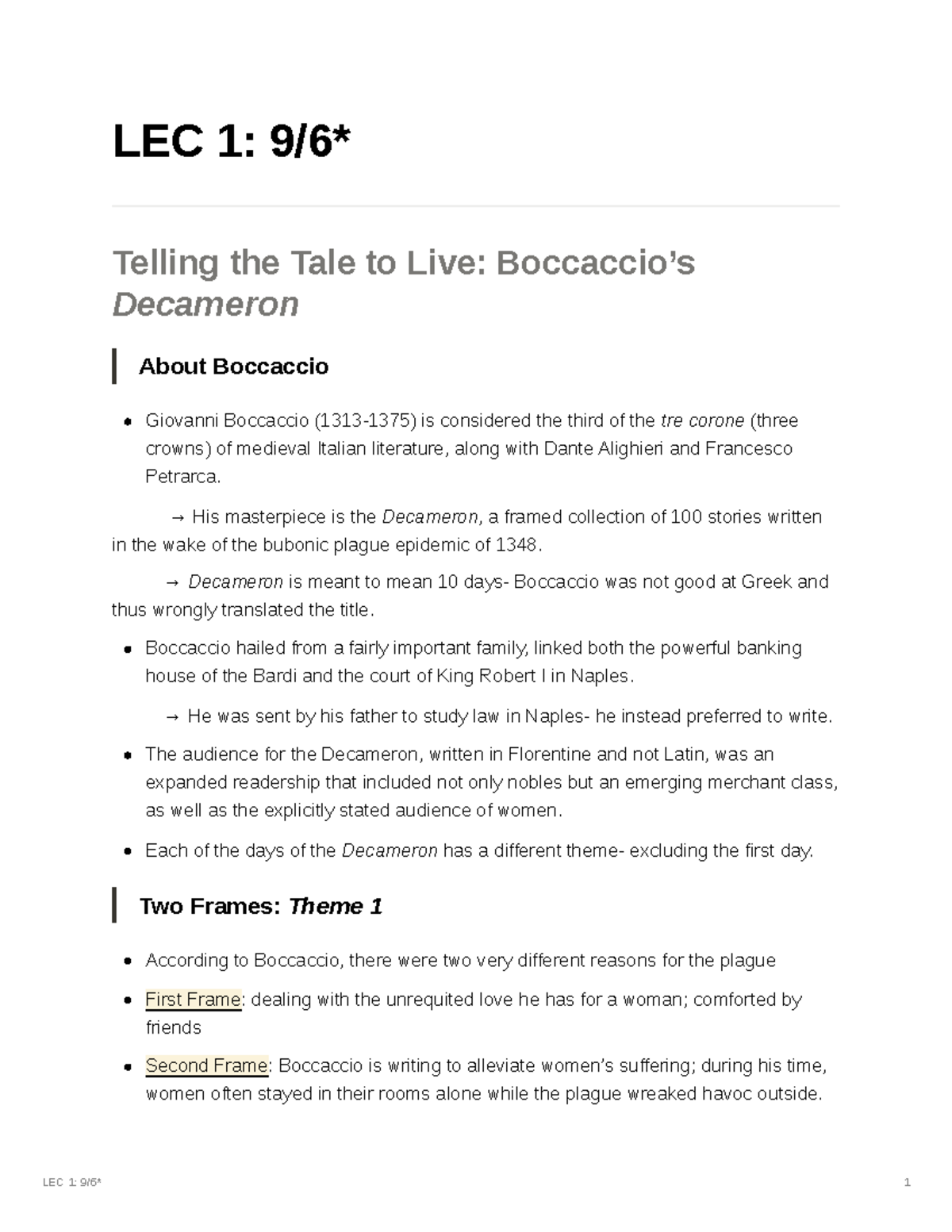 Lec 1 Notes: ITALIAN40 - LEC 1: 9/6* 1 LEC 1: 9/6* Telling the Tale to ...