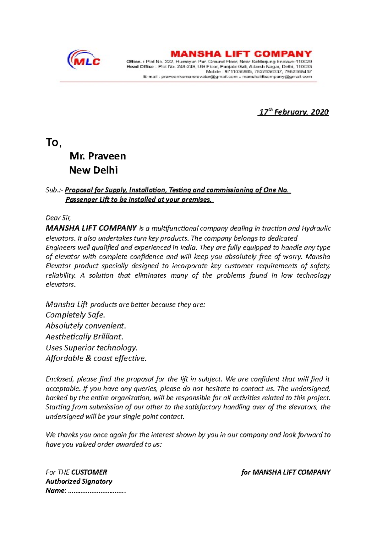 Mr. Praveen (NEW LIFT Quotation) G+5 Auto Door - ####### 17 th February ...