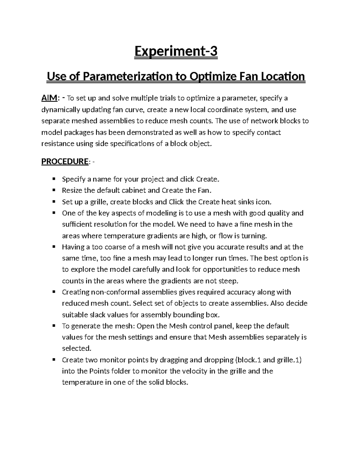 Experiment-3 - It's Lab exps. - Experiment- Use of Parameterization to Optimize Fan Location AIM ...