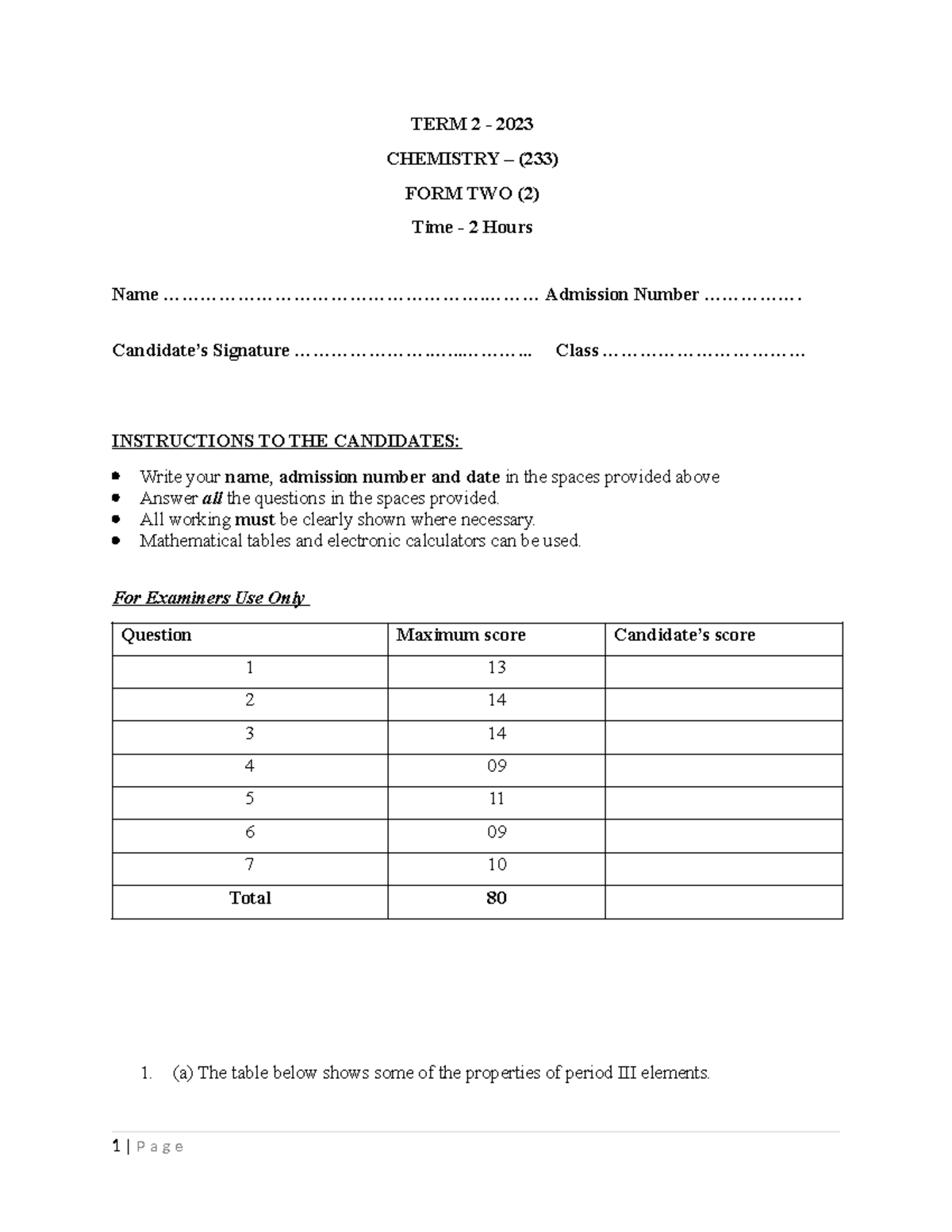2023 Chemistry F2 QS T2 Exam Teacher - TERM 2 - 2023 CHEMISTRY – (233 ...