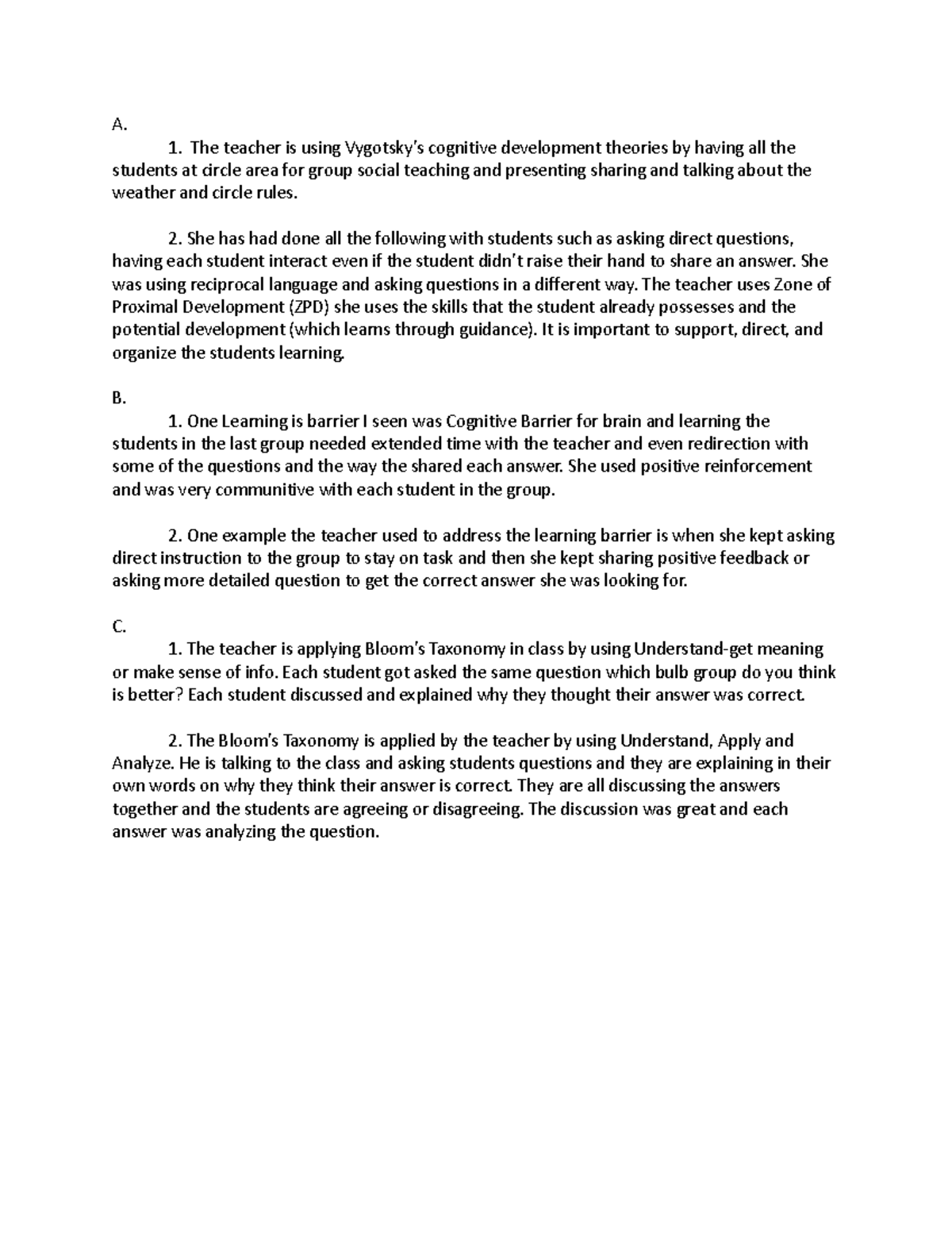 DO94 task 1 - Essay - A. The teacher is using Vygotsky’s cogni琀椀ve ...