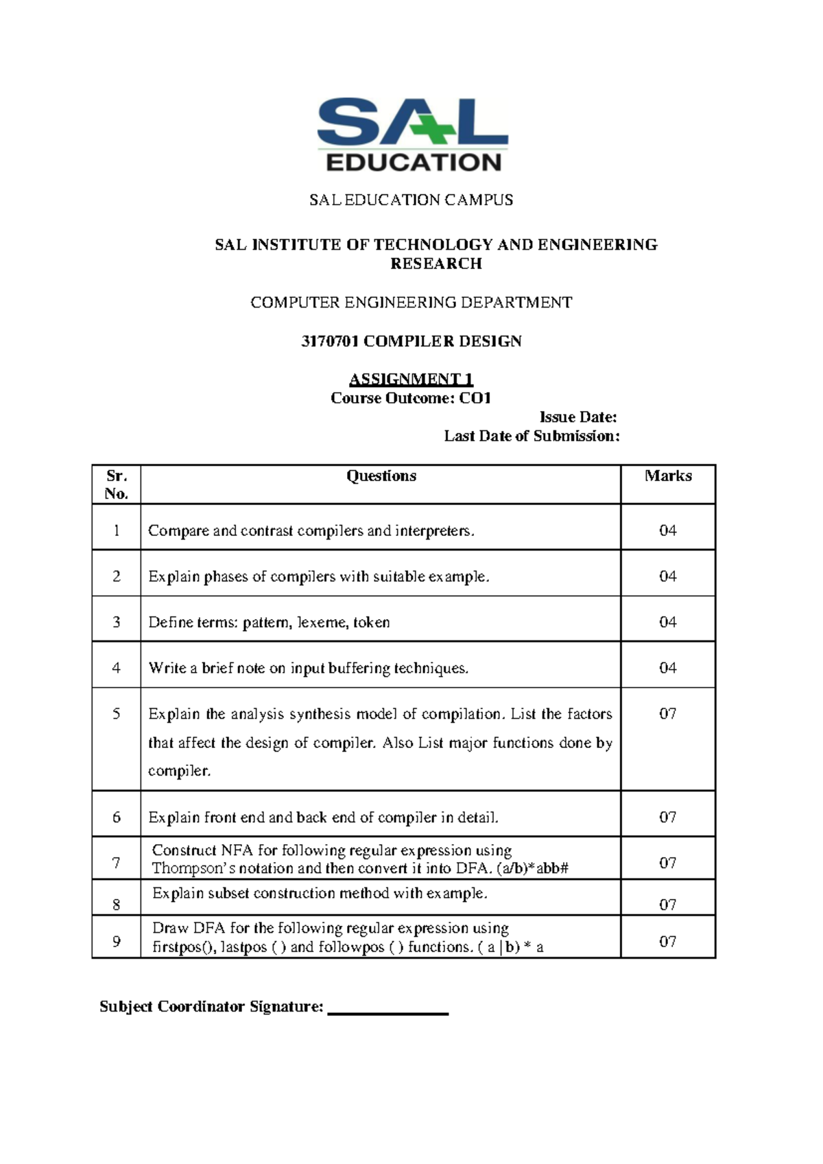 CD Assignments - Compiler Design - SAL INSTITUTE OF TECHNOLOGY AND ENGINEERING RESEARCH COMPUTER ...