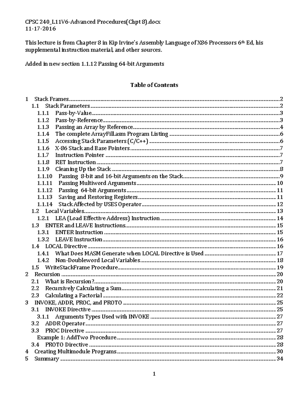 CPSC 240 L11V6-Advanced Procedures(Chpt 8) - docx 11-17-2016 This ...