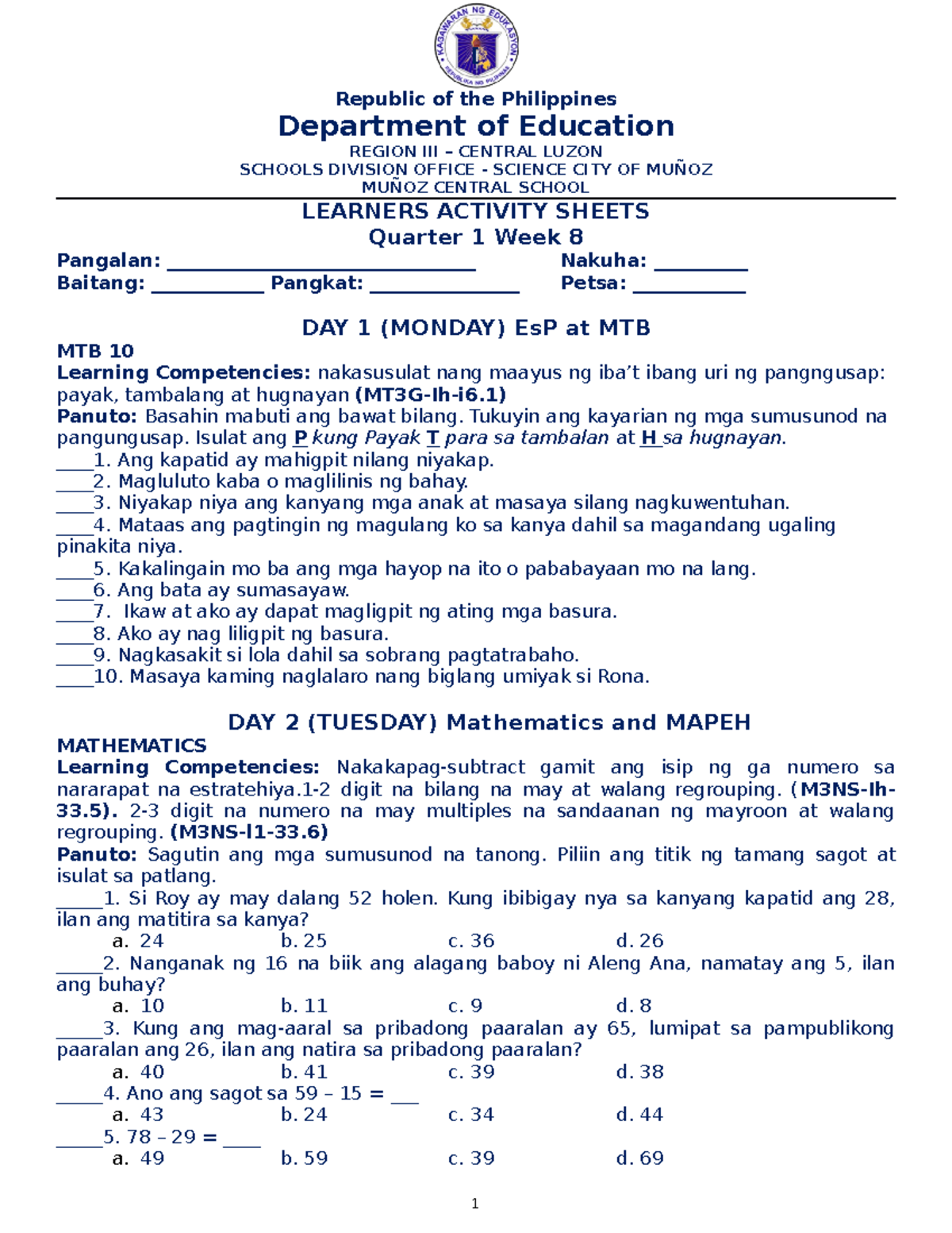 LAS-WEEK-8 - Activity - [ Republic of the Philippines Department of Education REGION III ...