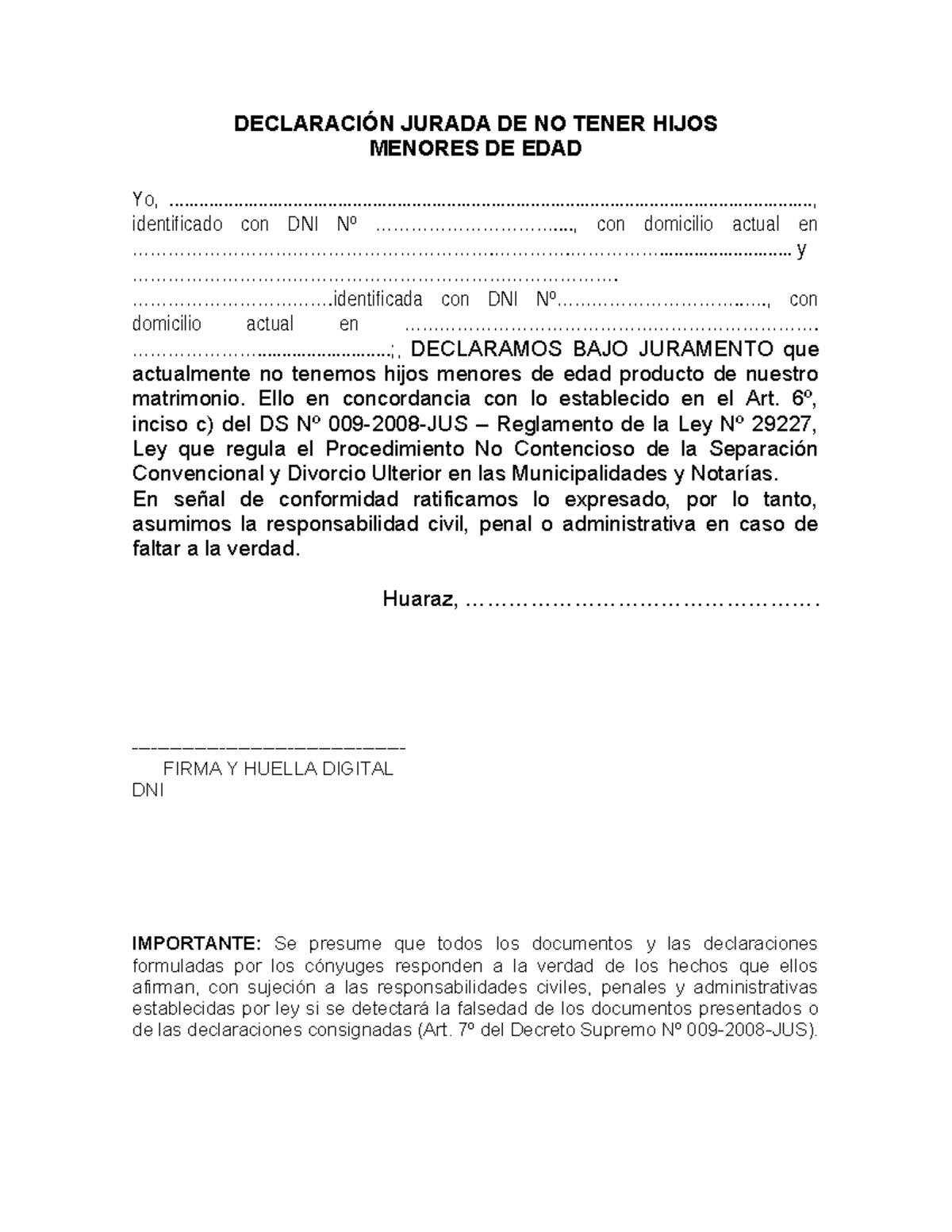 F Declaración Jurada DE NO Tener Hijos Menores DE EDAD (N° 3) - DECLARACIÓN JURADA DE NO TENER ...