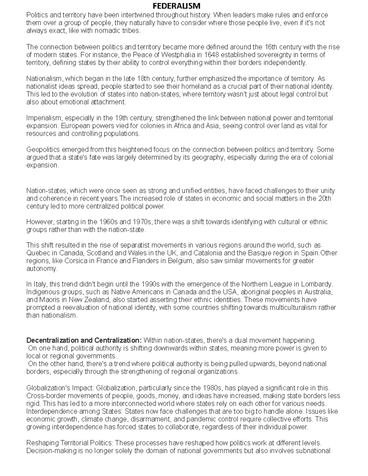 Federalism - FEDERALISM Politics and territory have been intertwined ...