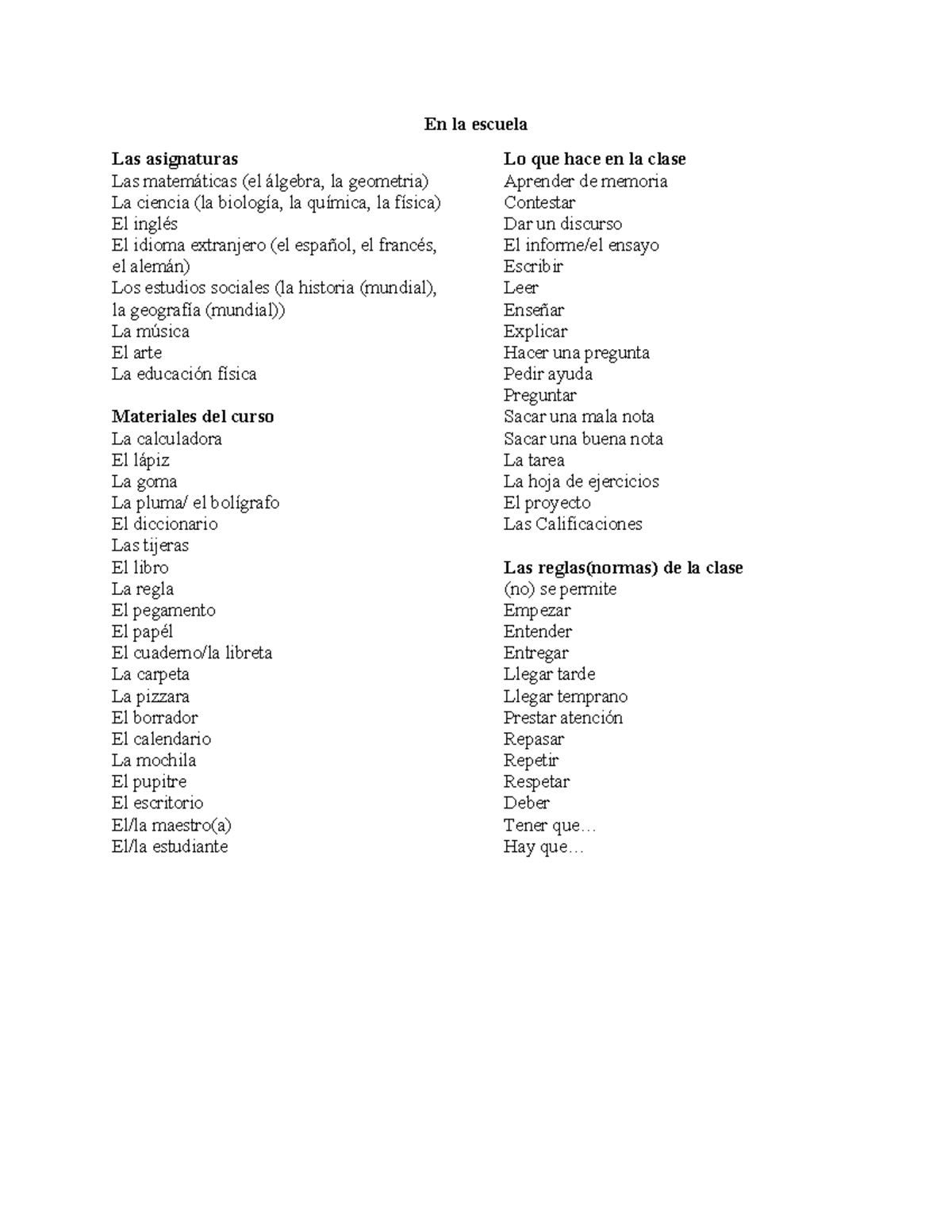 Spanish 2 unit 2 en la escuela vocabulary - En la escuela Las ...