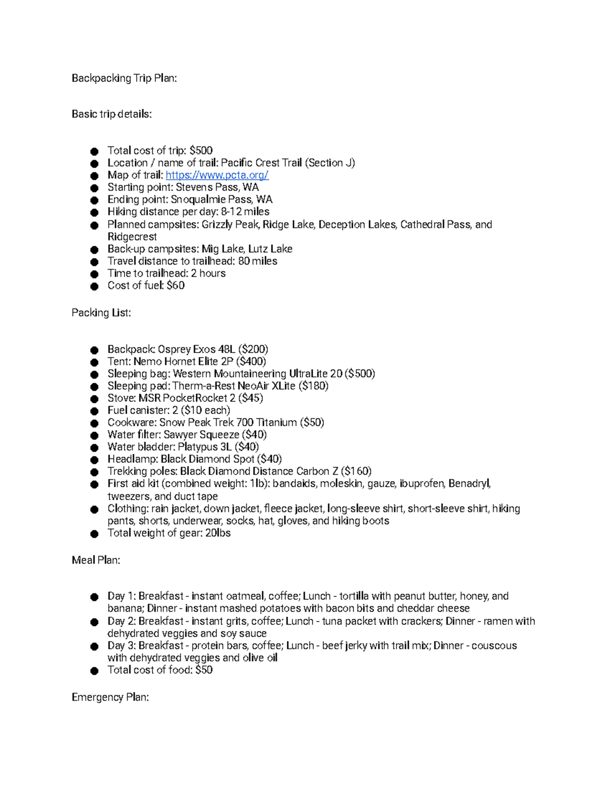 Backpack trip plan assignment - Backpacking Trip Plan: Basic trip ...
