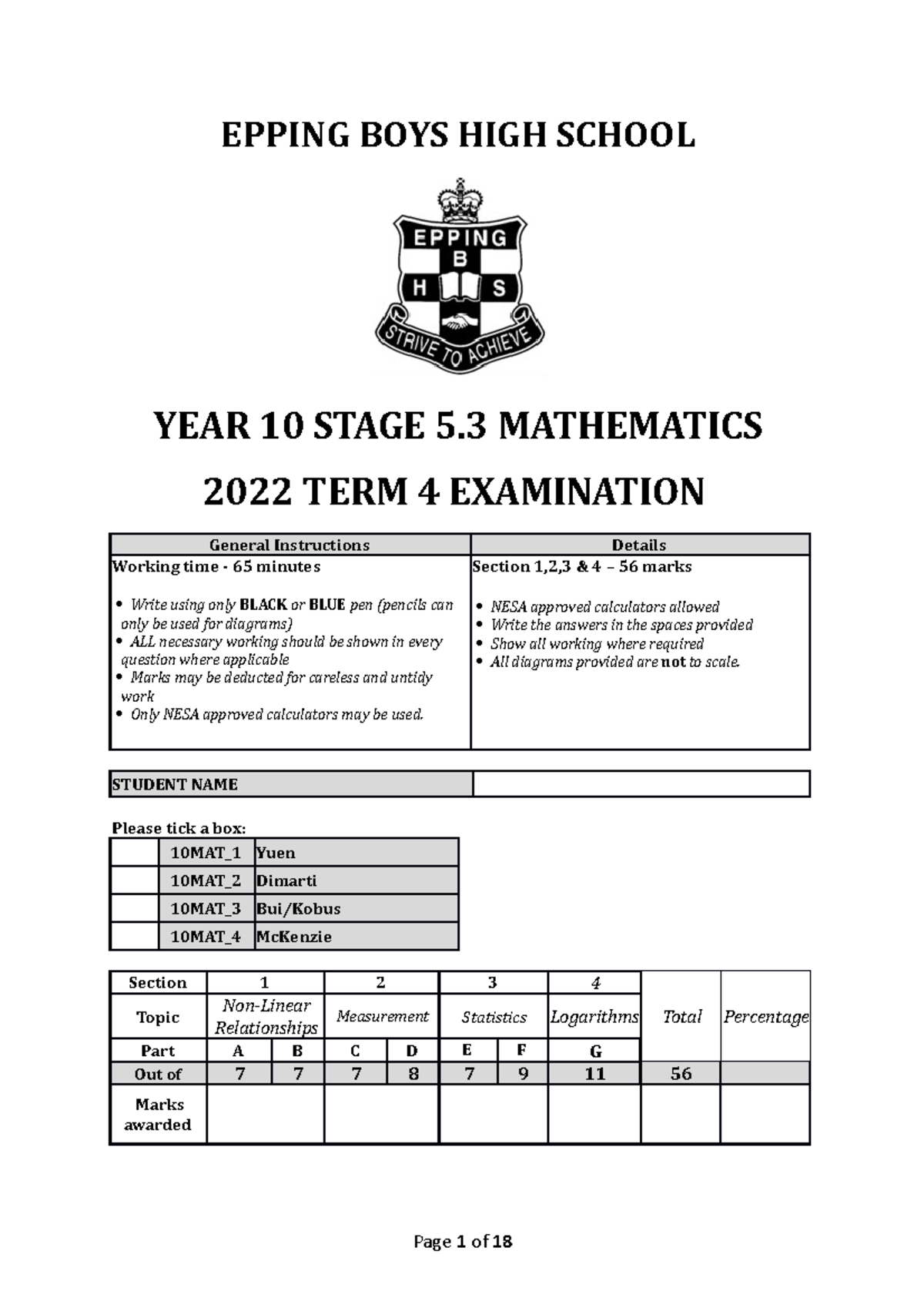 2022 Y10 T4 5.3 Assessment - EPPING BOYS HIGH SCHOOL YEAR 10 STAGE 5 ...