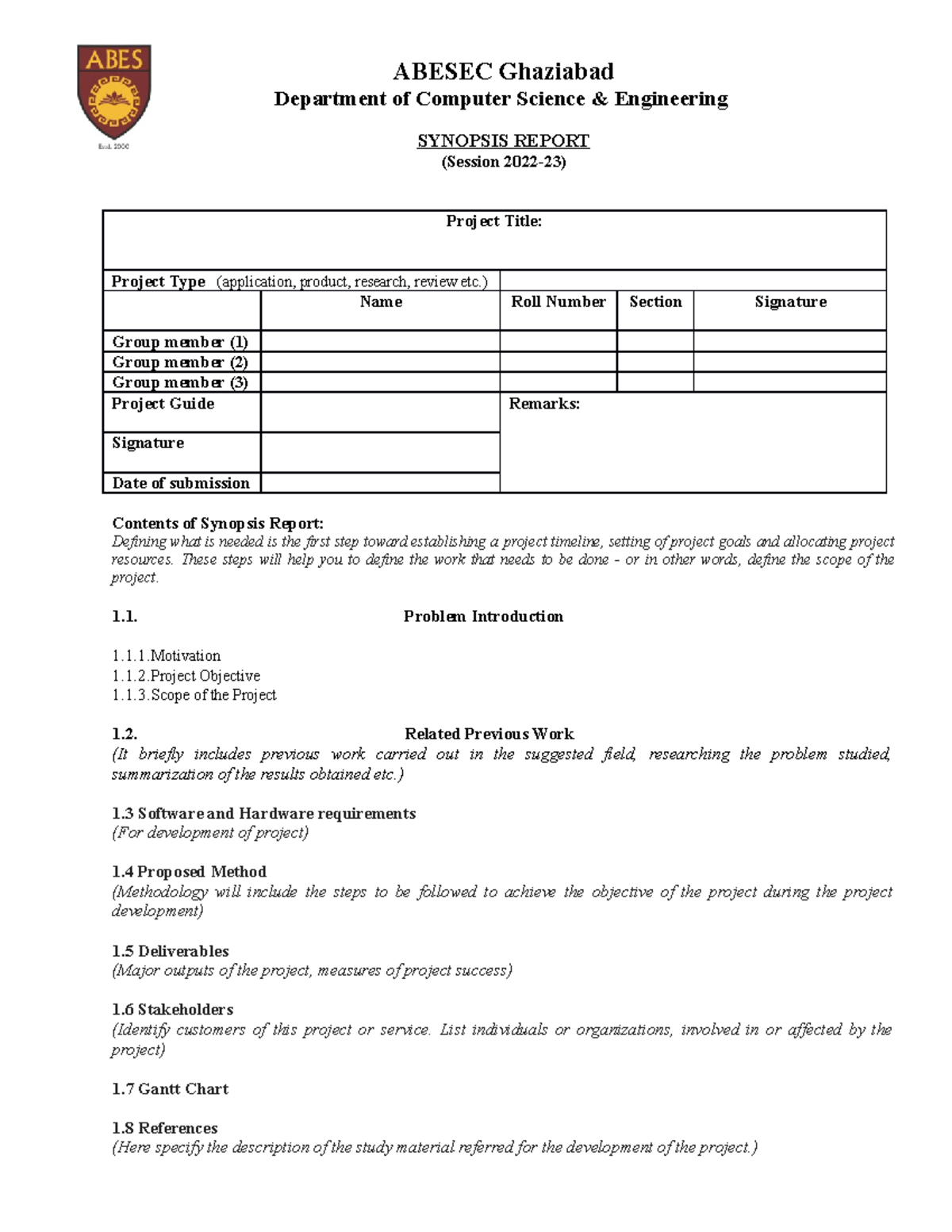 Project Synopsis Format (2022-23) (1) (1) - ABESEC Ghaziabad Department ...