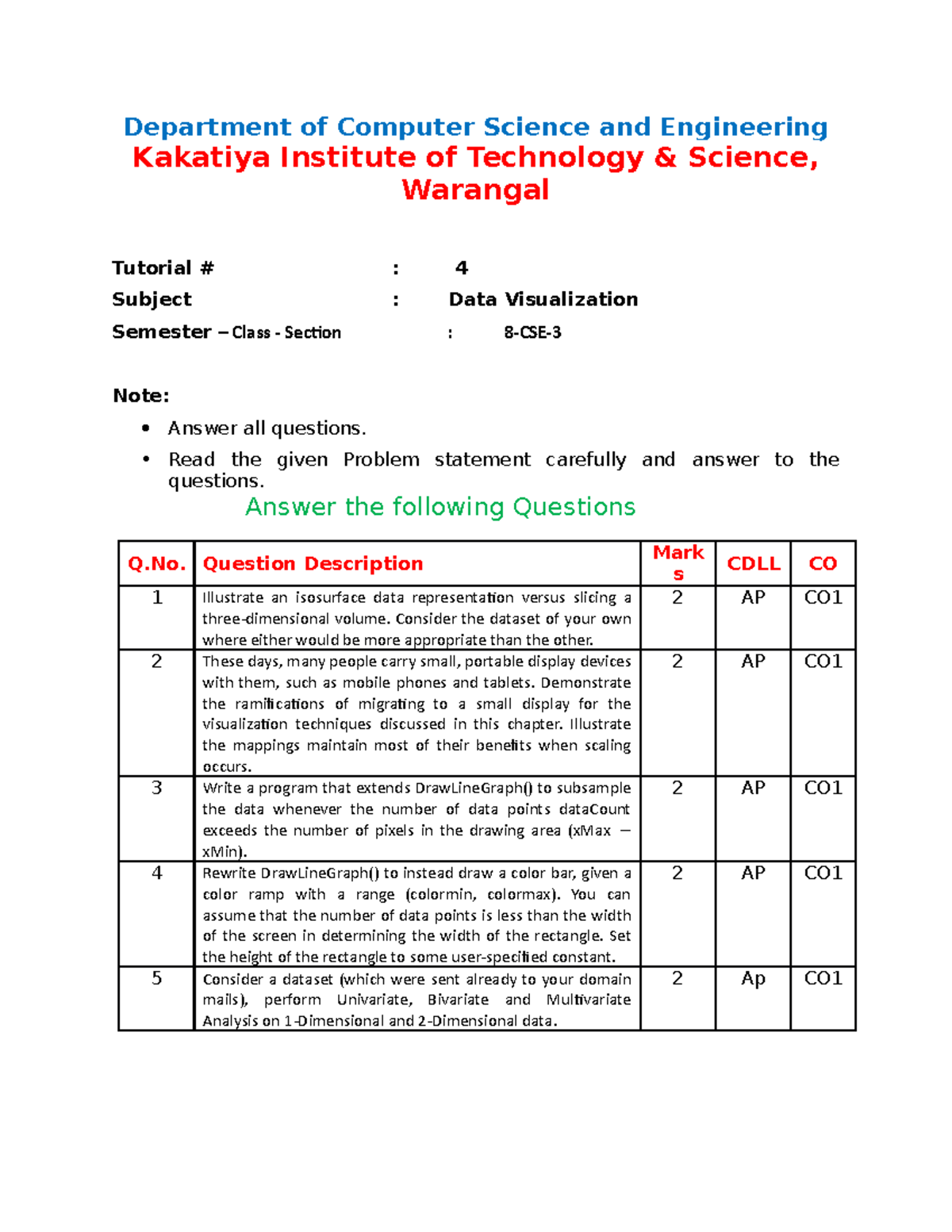 T4-Questions DV - DATA VISUALIZATION - Department of Computer Science and Engineering Kakatiya ...
