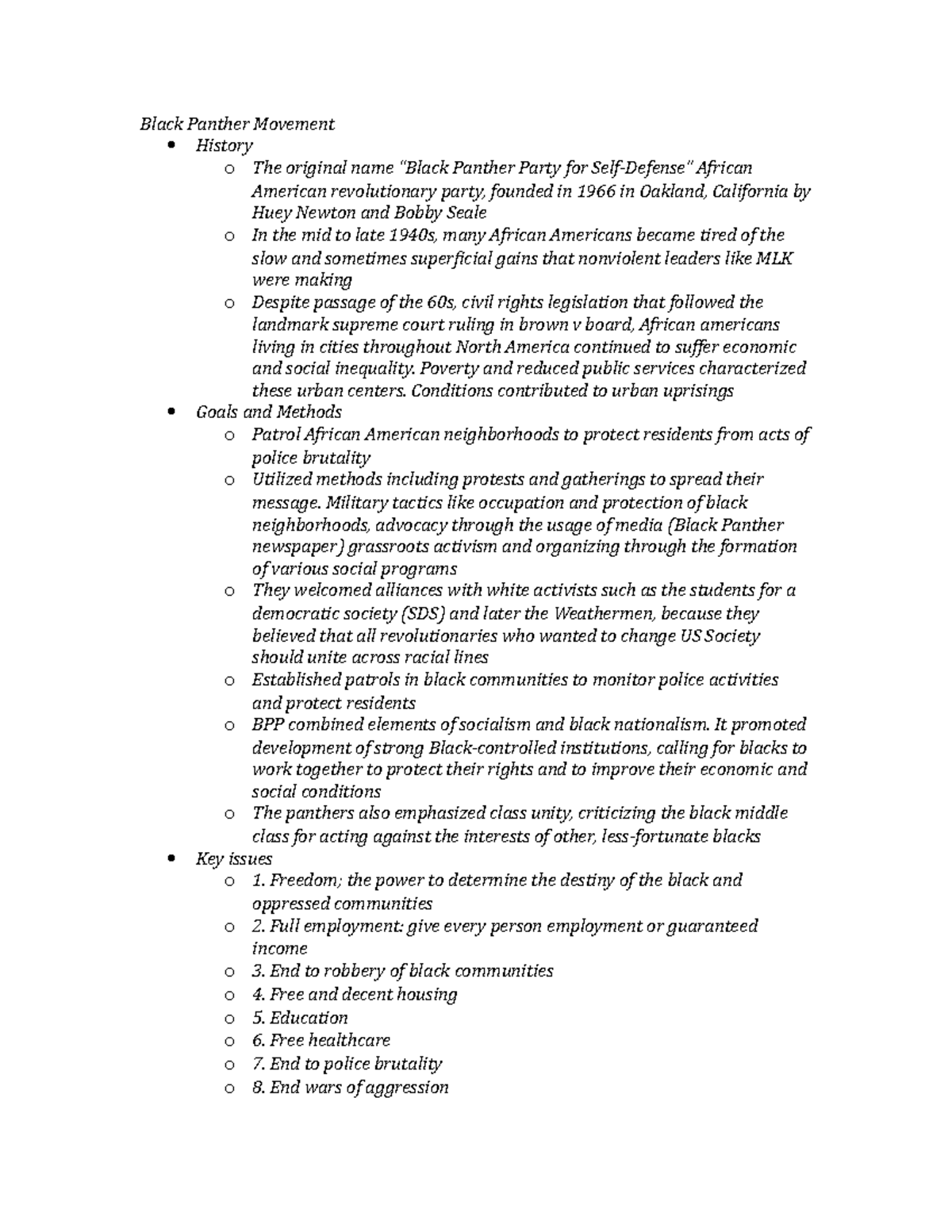 Black Panther Movement notes - Black Panther Movement History o The ...