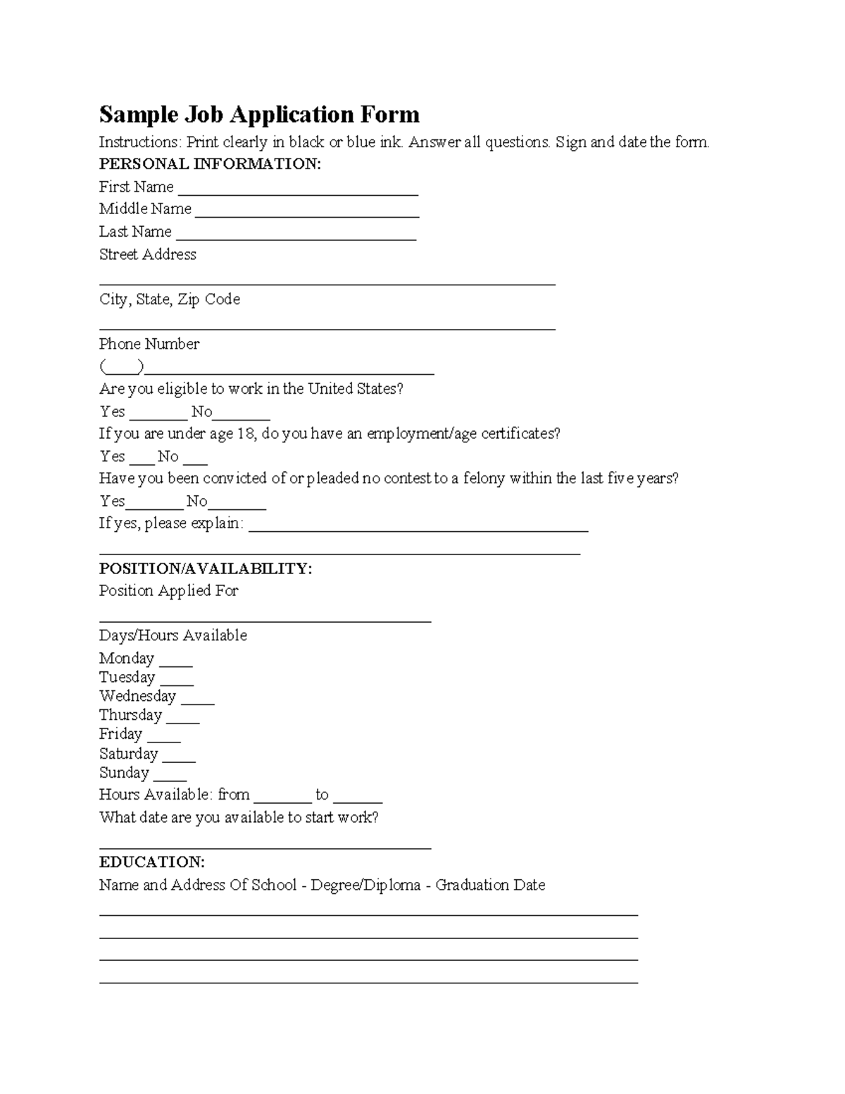 Sample Job Application Form - Sample Job Application Form Instructions ...