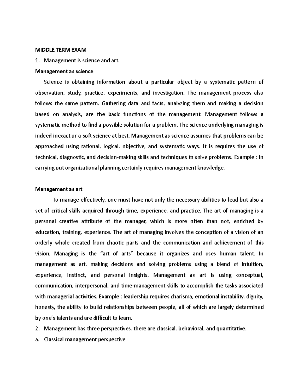 Introduction to Management-Midterm Examination - MIDDLE TERM EXAM ...