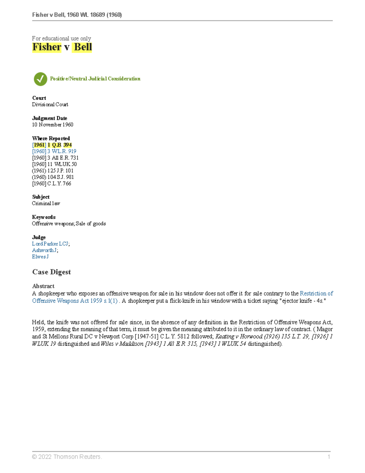 Fisher v Bell - 1 For educational use only Fisher v Bell Positive ...