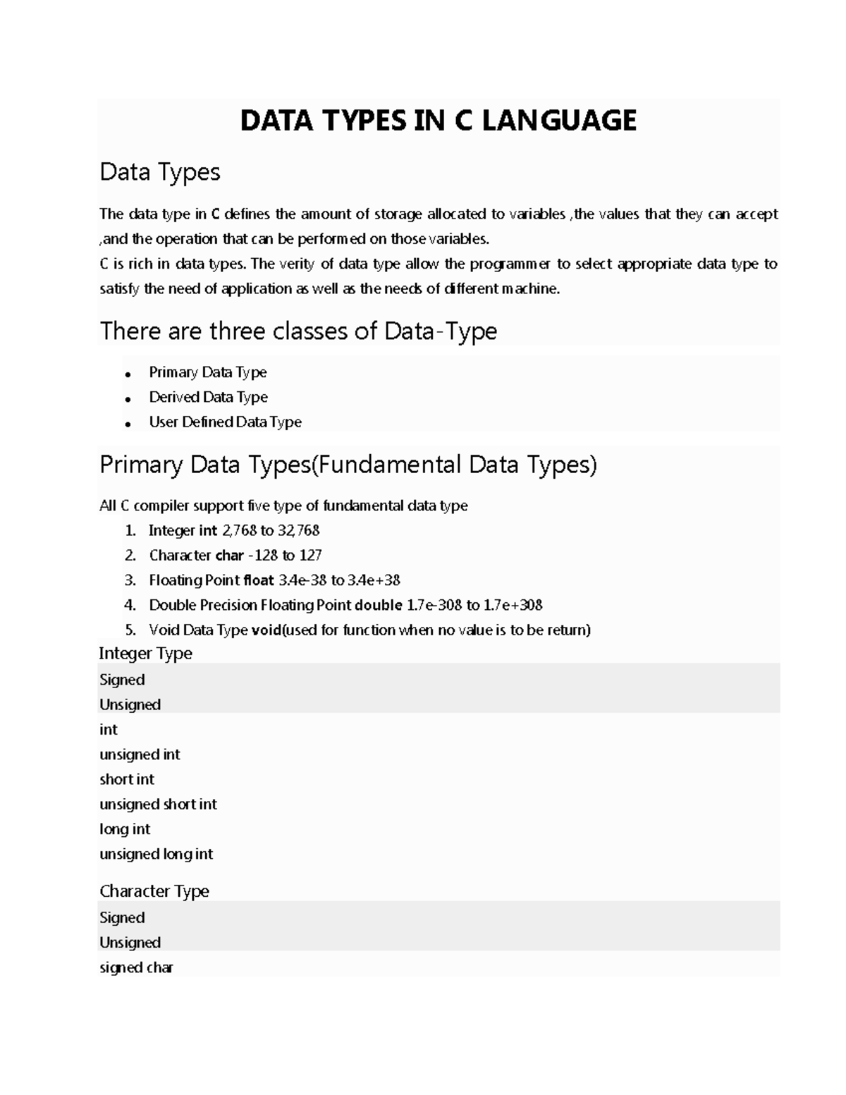 Data Types in C language - DATA TYPES IN C LANGUAGE Data Types The data ...
