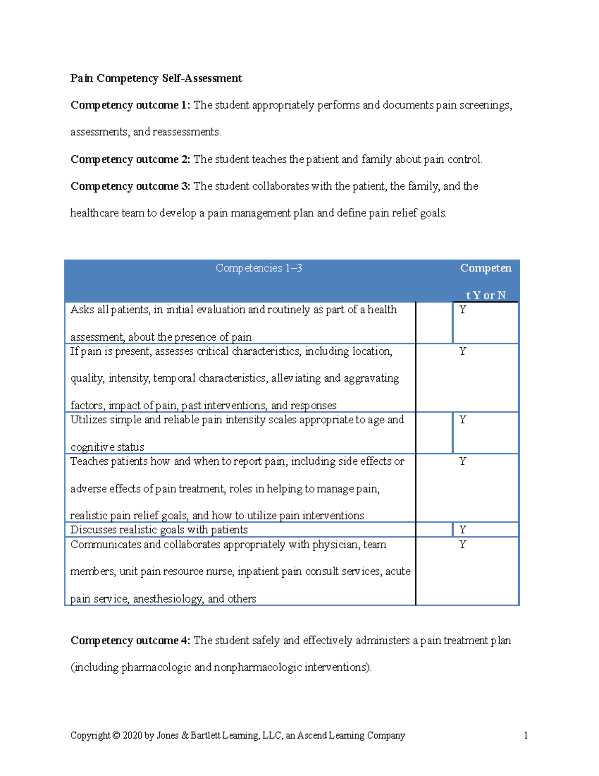 Pain competency - Philosophy - Pain Competency Self-Assessment Competency outcome 1: The student ...