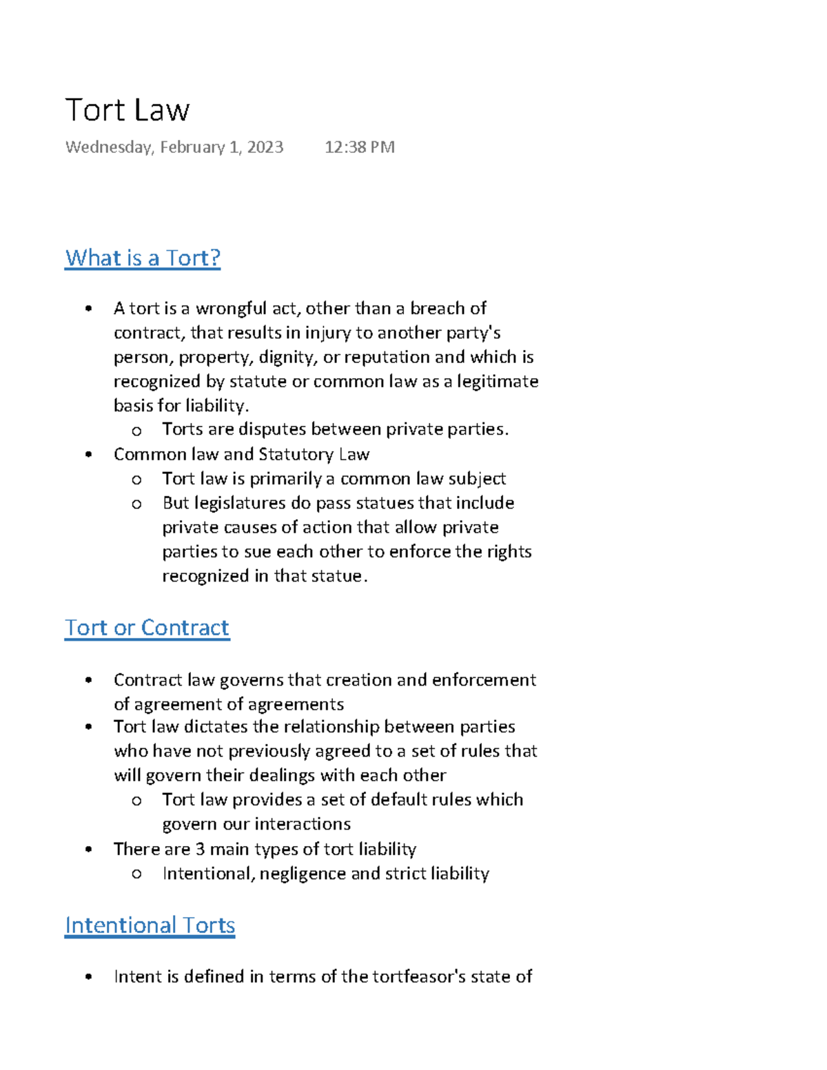 Tort Law - Lecture Notes Tort Law 23/24 Professor Savage - What is a ...