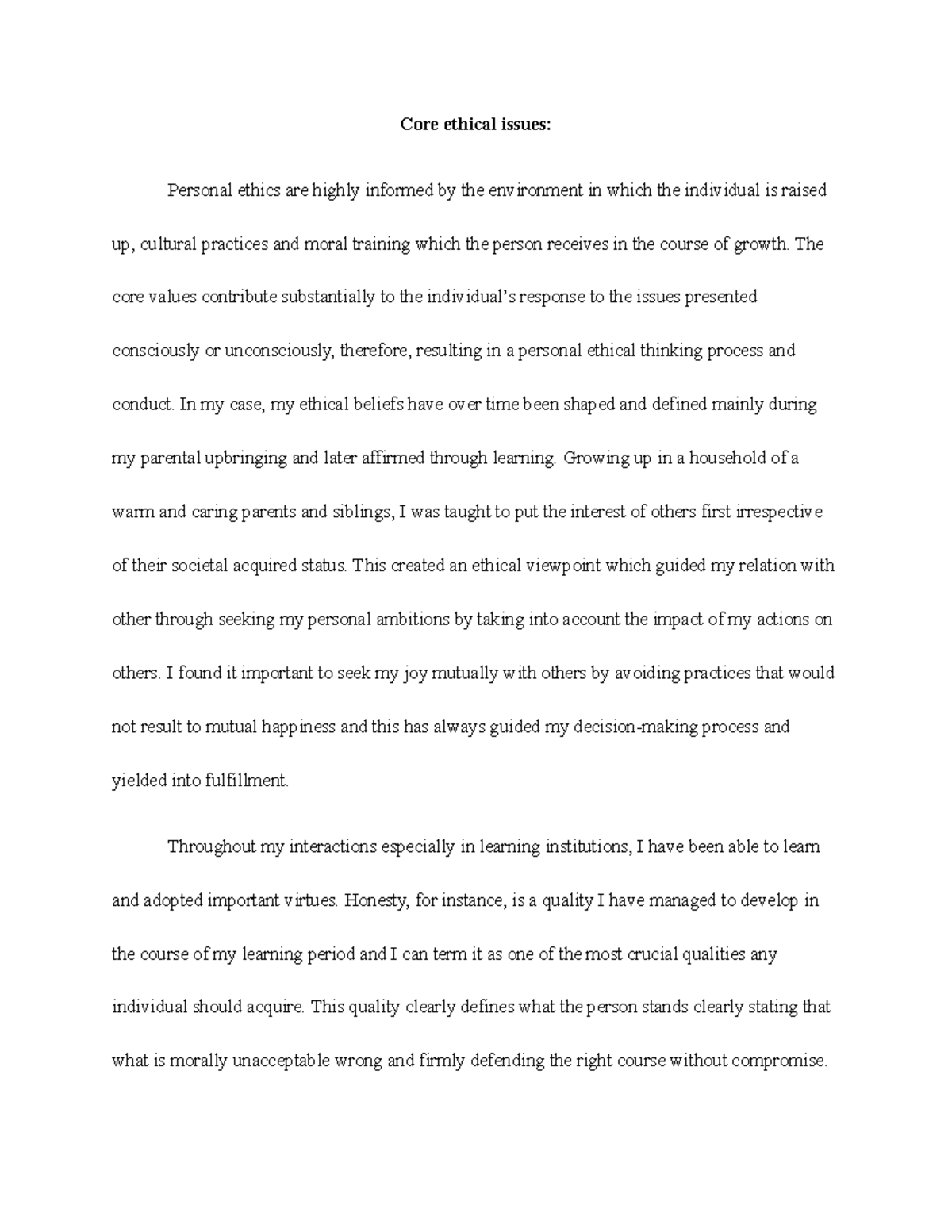 Core ethical issues - Grade: A - Core ethical issues: Personal ethics ...