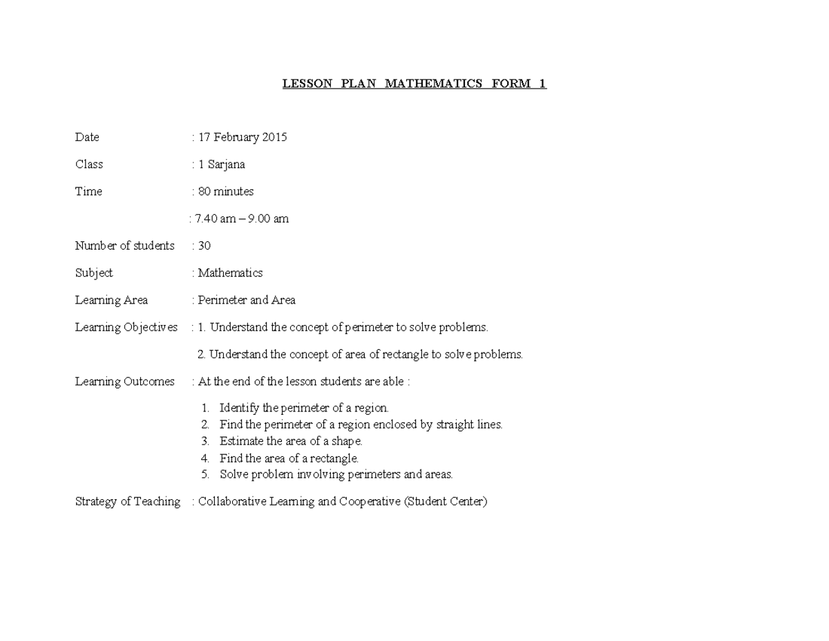 294072313 Mathematics Form 1 Lesson Plan Example - LESSON PLAN ...