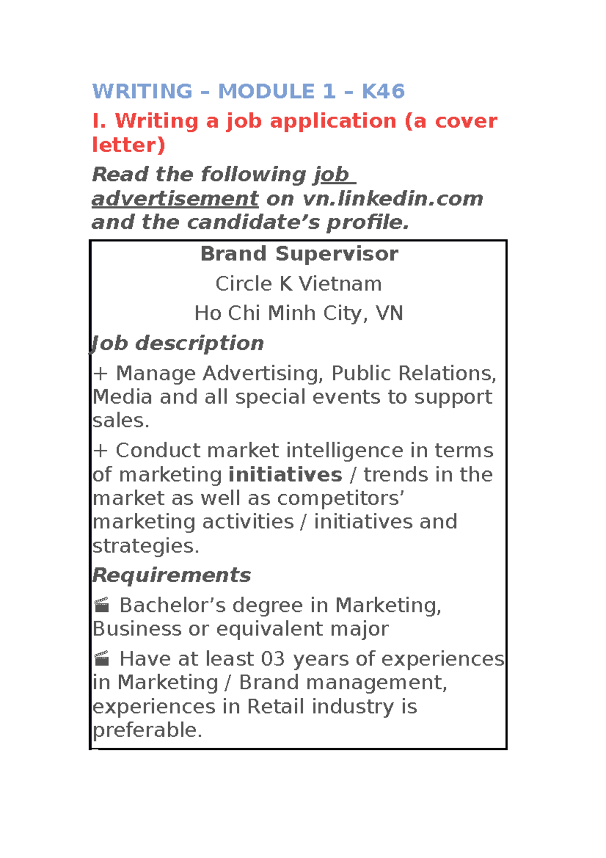 How to write cover letter - writing TA HP1 - WRITING – MODULE 1 – K I ...