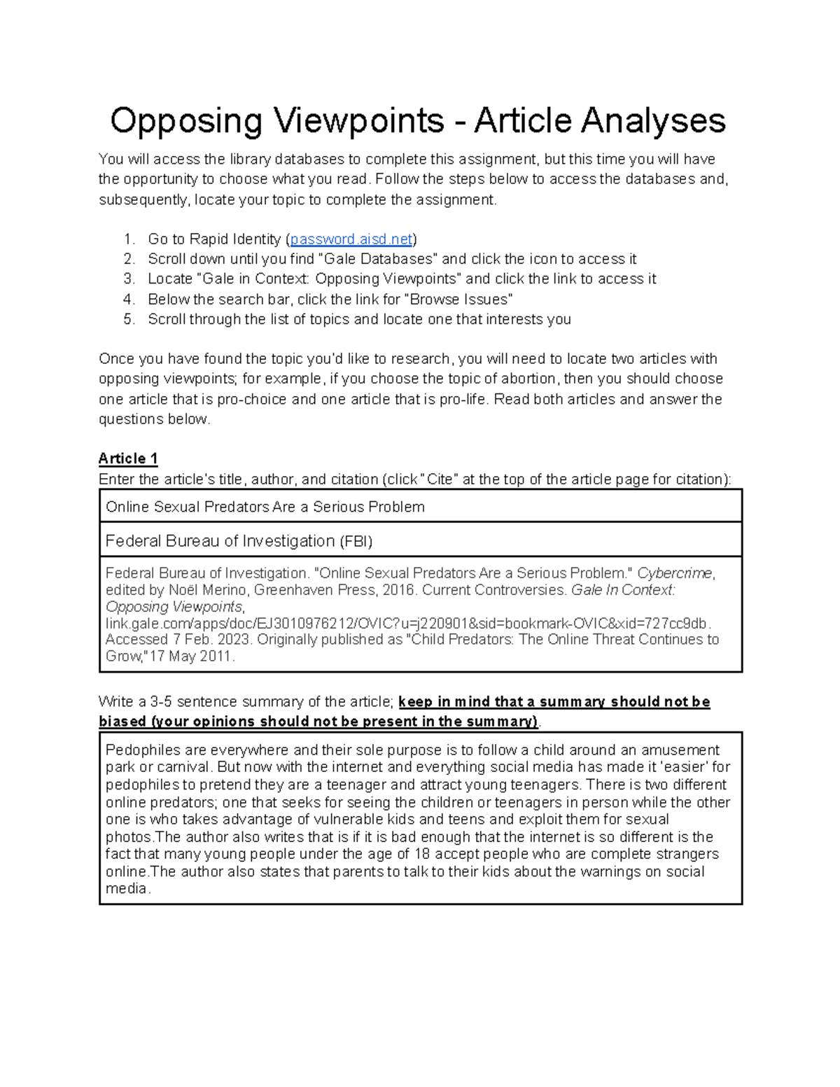 Copy of Opposing Viewpoints - Article Analyses - Opposing Viewpoints ...