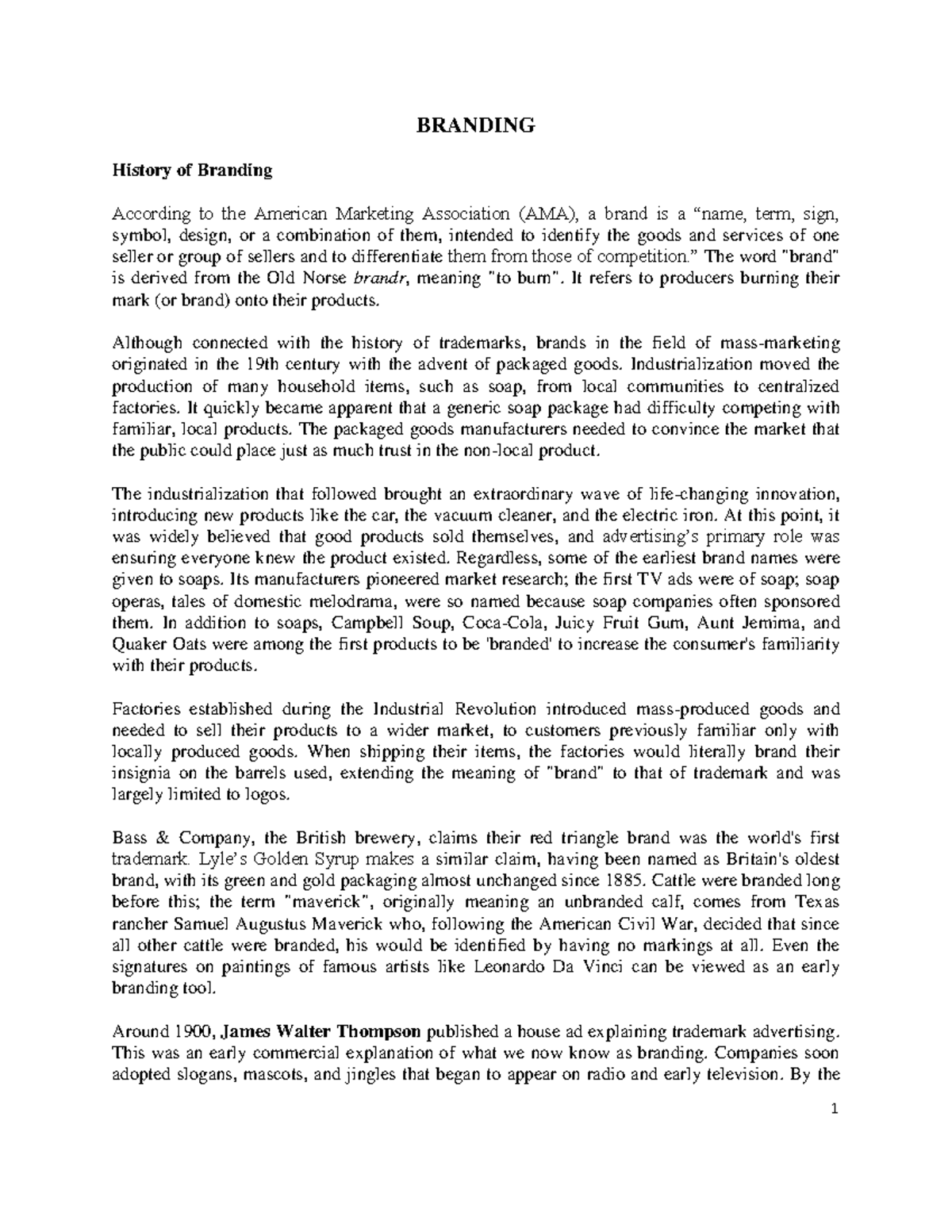 5 Branding - notes - BRANDING History of Branding According to the ...