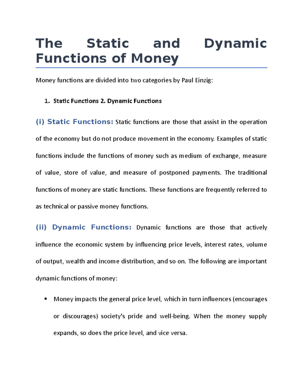 The Static and Dynamic Functions of Money - The Static and Dynamic ...