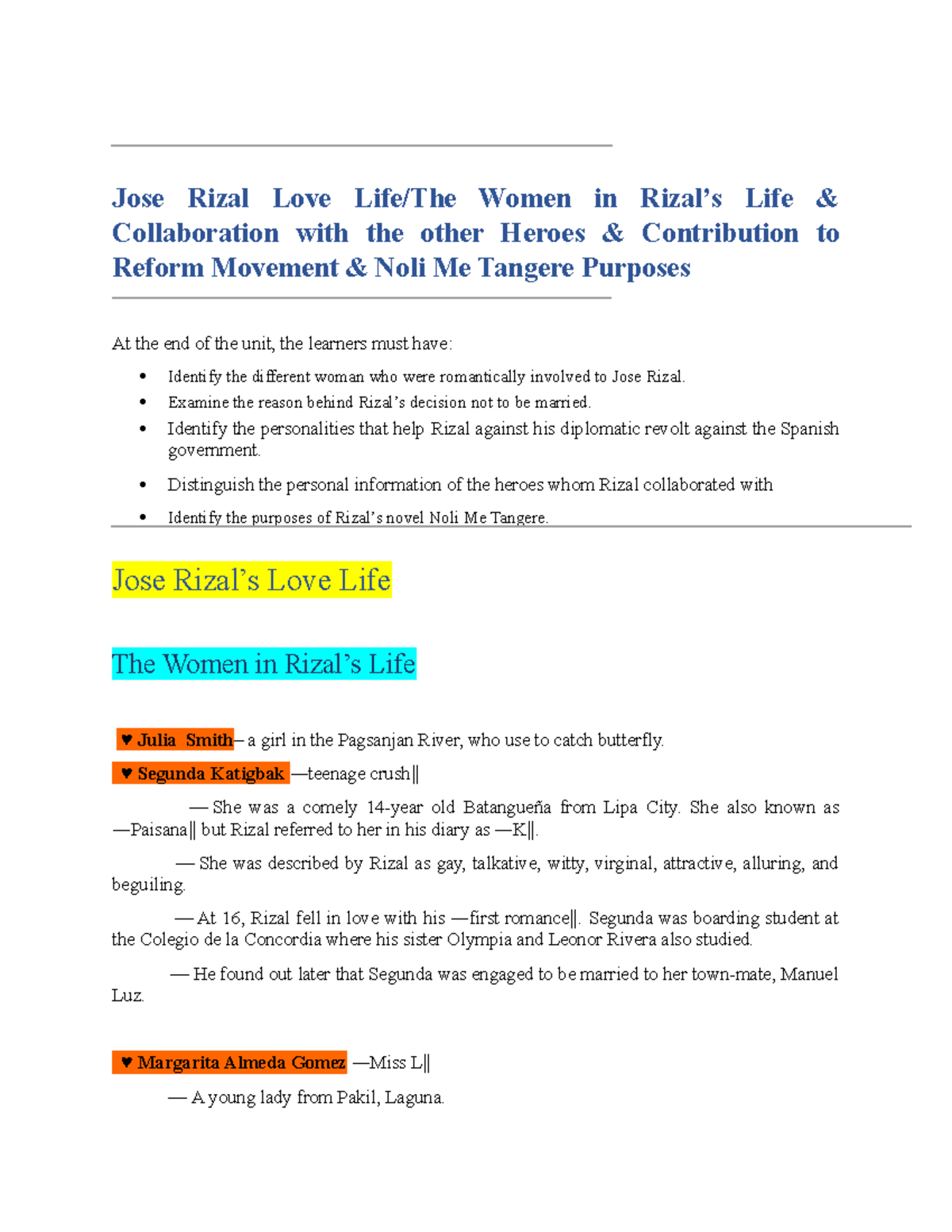 Rizal- Midterm - Lecture Notes - Jose Rizal Love Life/The Women in ...