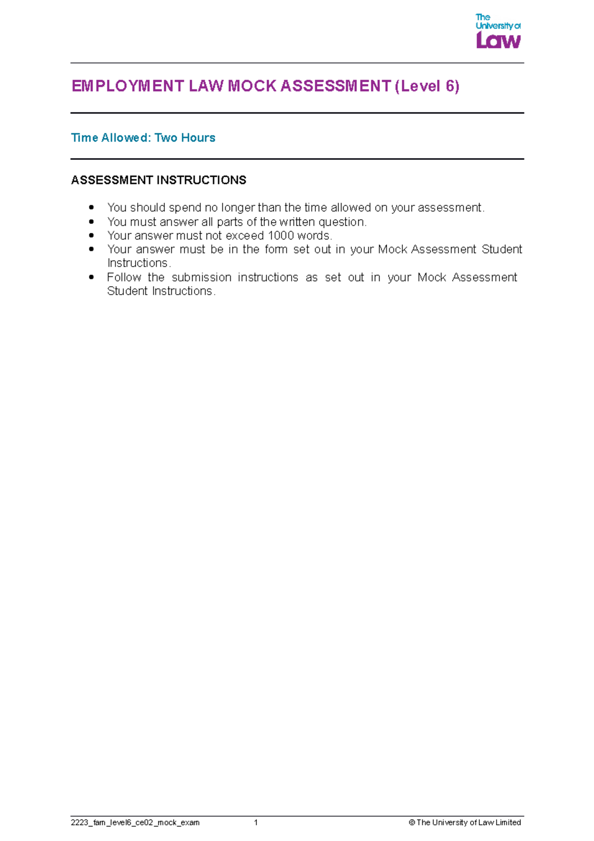 Employment mock - em mock - EMPLOYMENT LAW MOCK ASSESSMENT (Level 6 ...