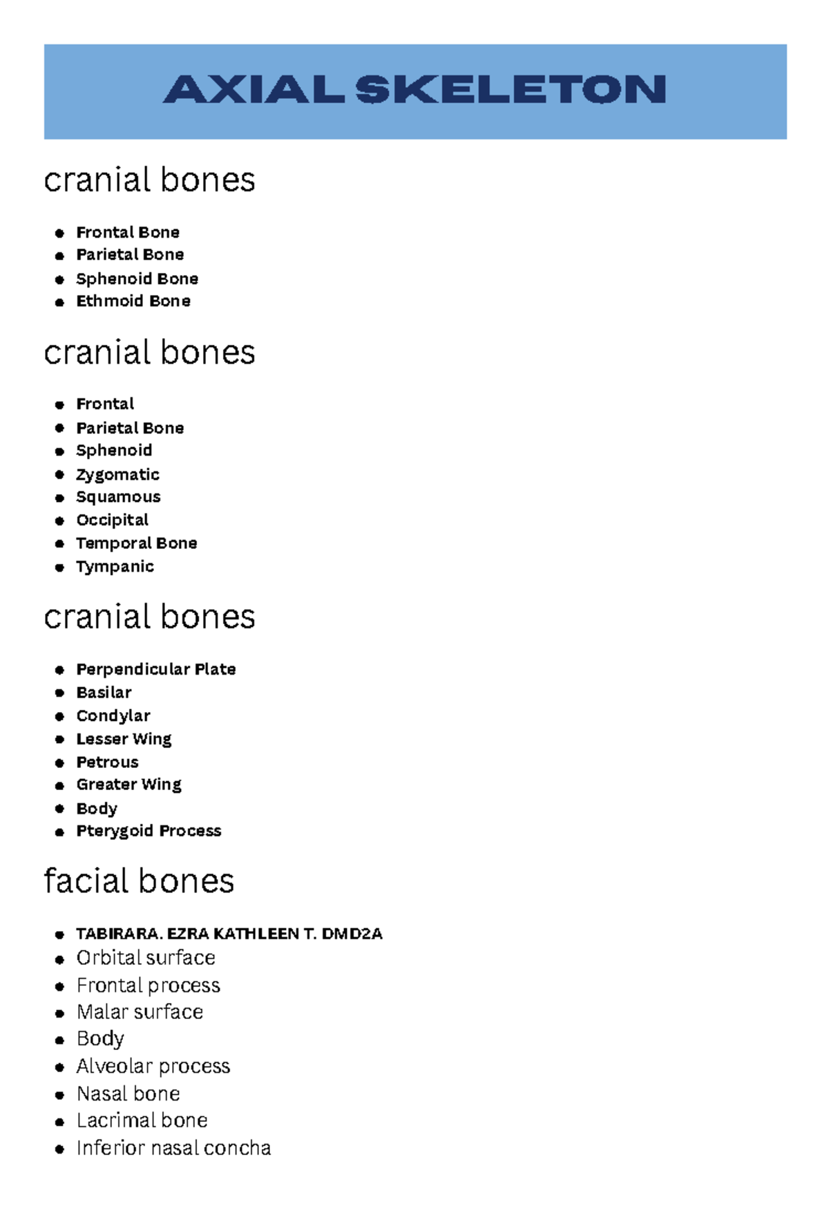 GEN ANA AXIAL SKETETON LIST - cranial bones cranial bones cranial bones ...