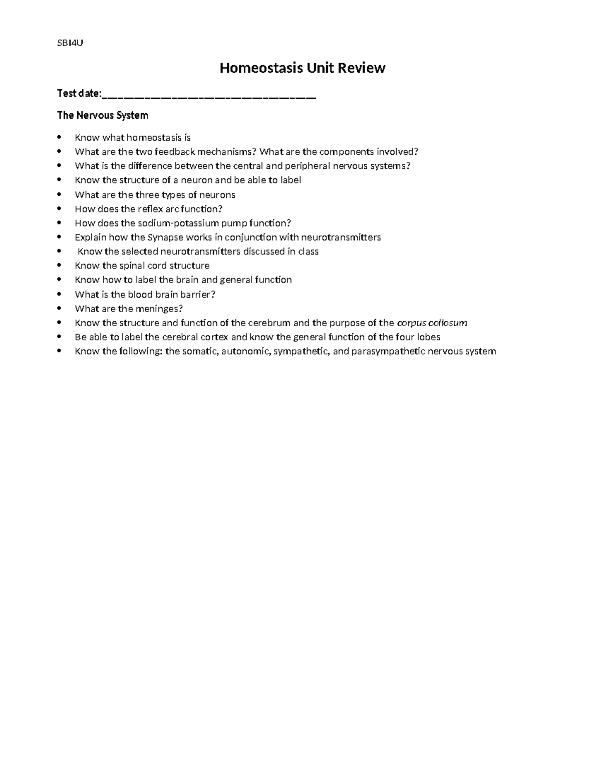 Homeostasis Unit Review - SBI4U Homeostasis Unit Review Test - Studocu