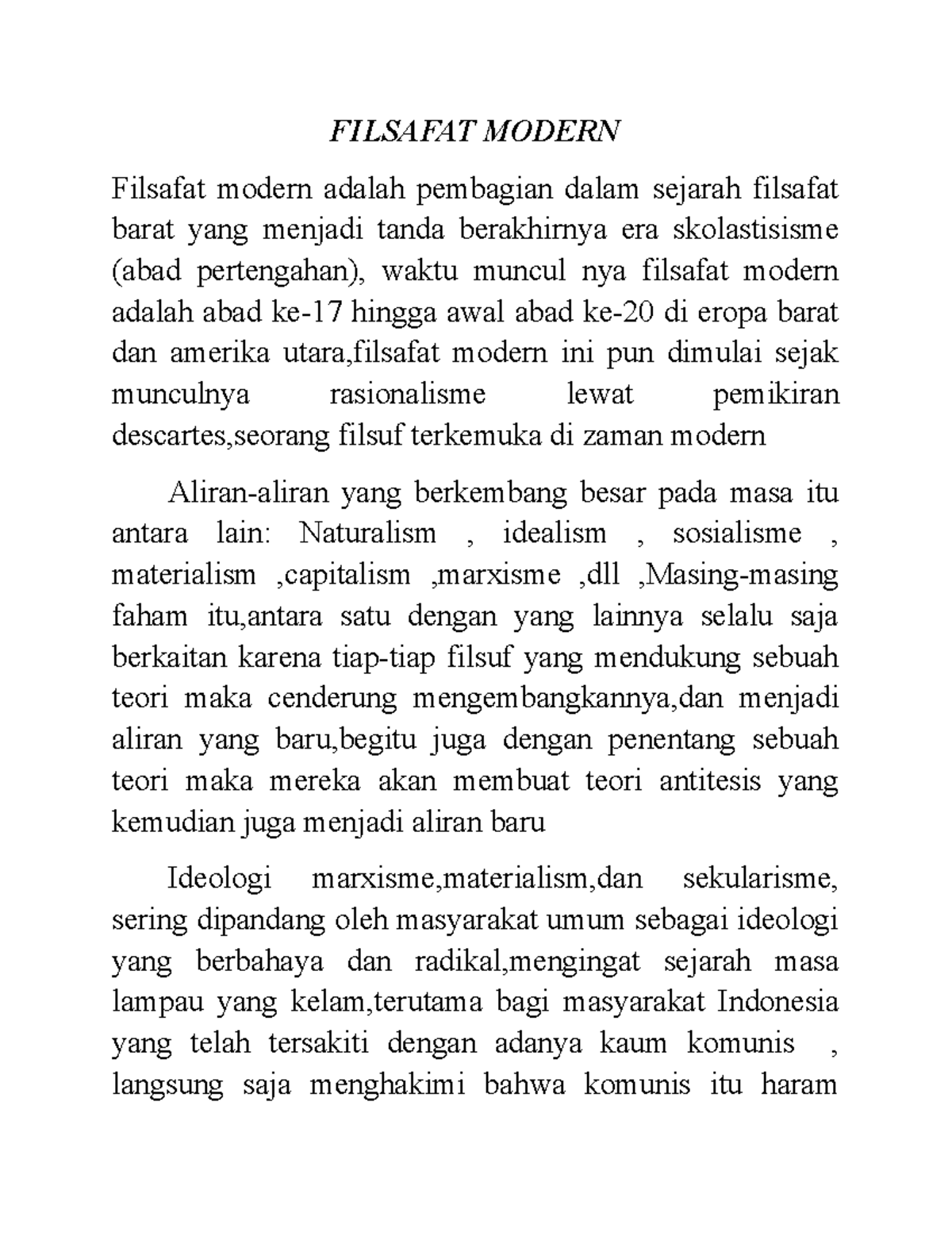 Filsafat Modern - FILSAFAT MODERN Filsafat modern adalah pembagian ...