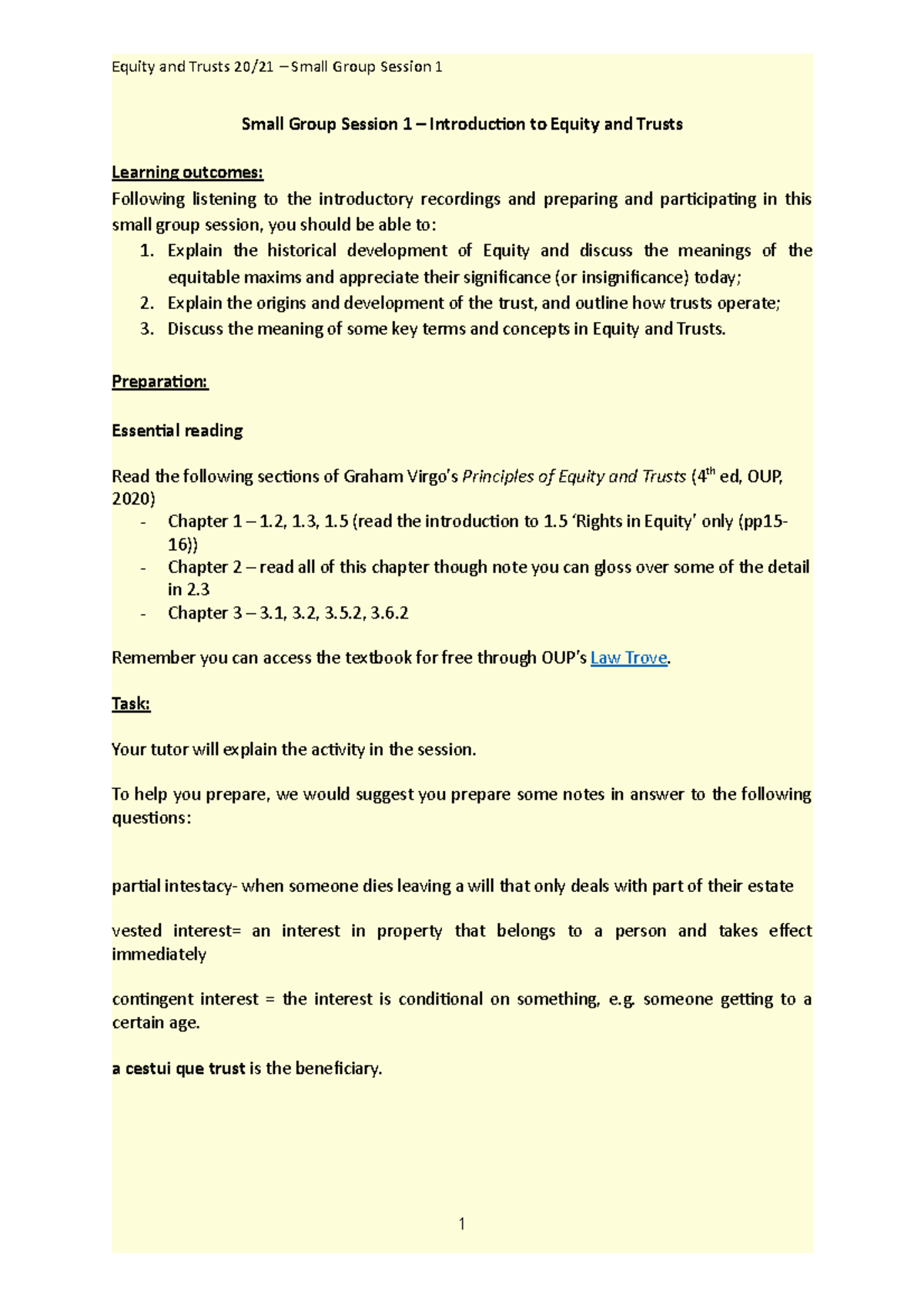 Equity tutorials - tutorial work - Small Group Session 1 – Introduction to Equity and Trusts ...