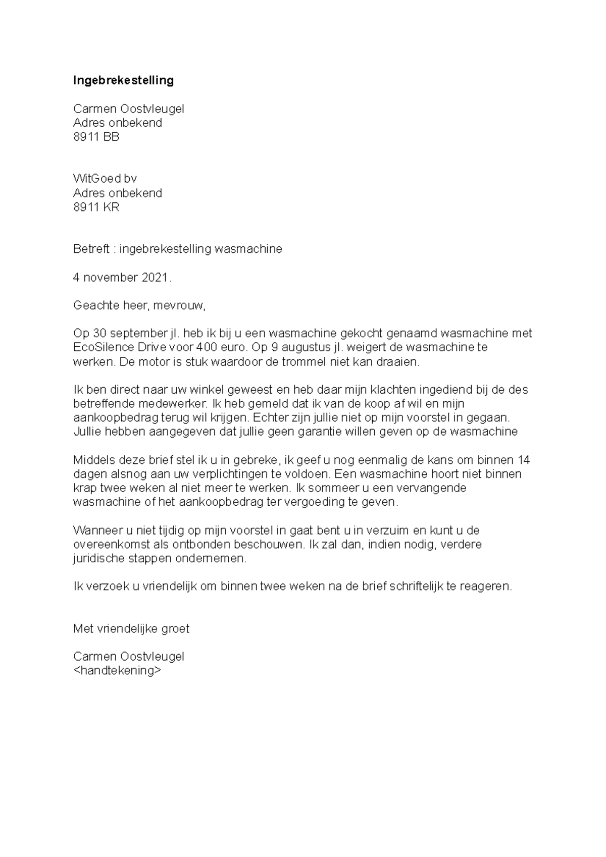 Ingebrekestelling + vernietigingsbrief 2 nhl stenden jaar 1 periode 1 ...