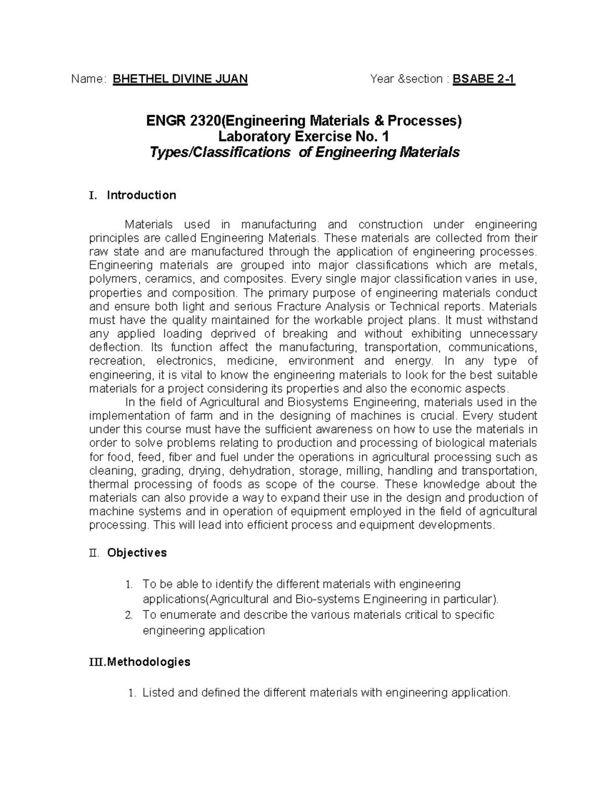 ENGINEERING SUBJECT - Name: BHETHEL DIVINE JUAN Year §ion : BSABE 2- ENGR 2320(Engineering - Studocu
