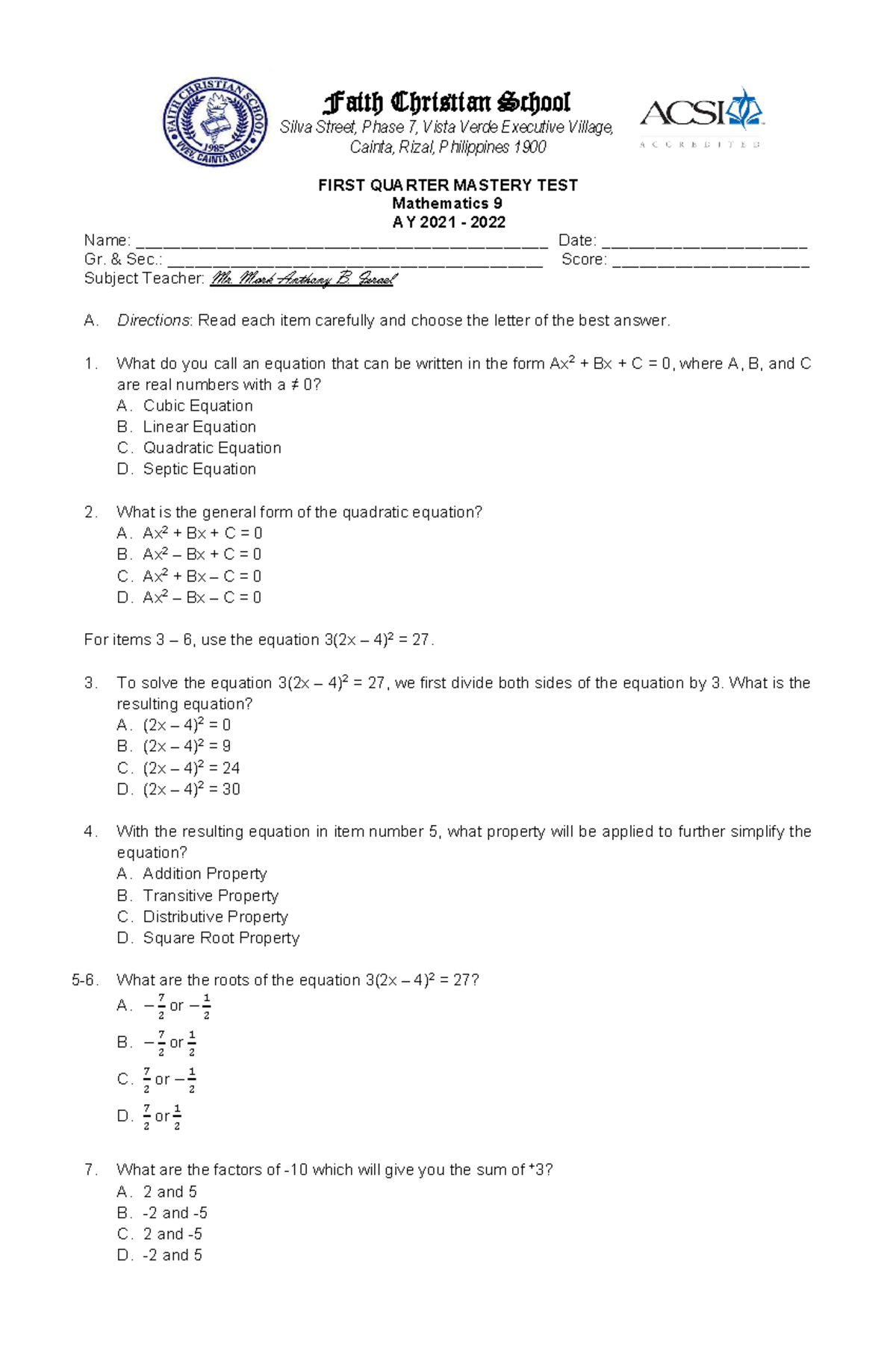 Mastery Test in Mathematics 9 - Bachelor of Secondary Education ...