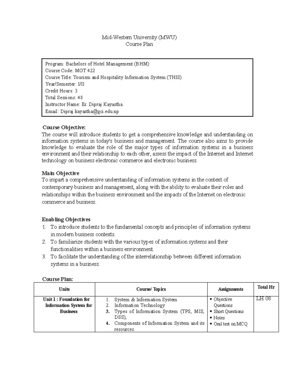 Course Plan Format - Mid-Western University (MWU) Course Plan Course ...