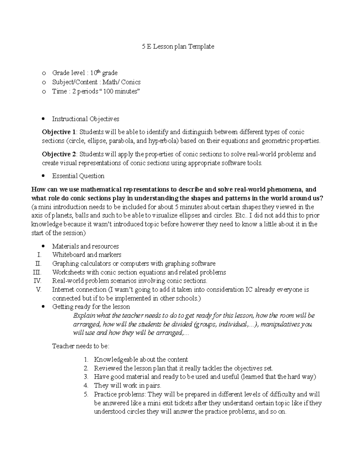 Conics 5E Lesoon Plan - 5 E Lesson plan Template o Grade level : 10th ...