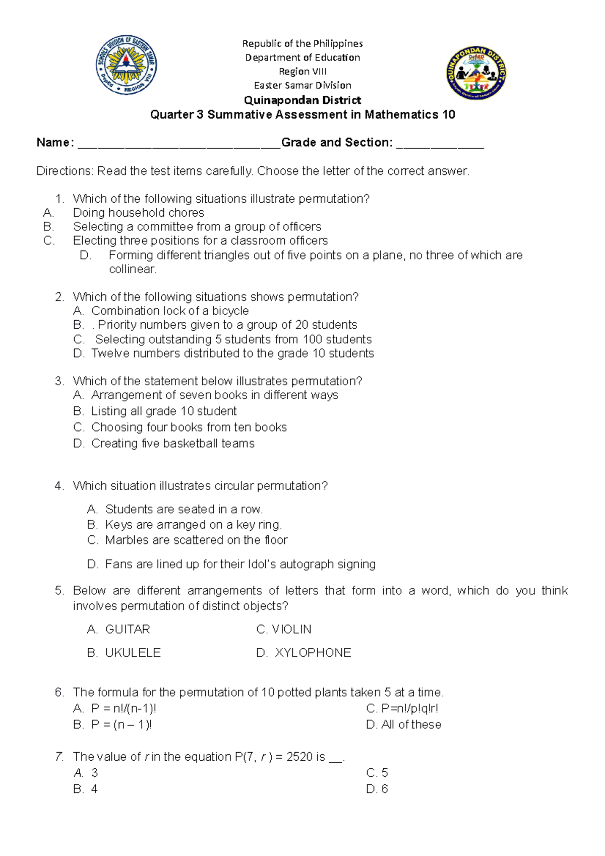 ST MATH10 Q3 - Summative Test for Quarter 3 Math 10. Happy Learning ...