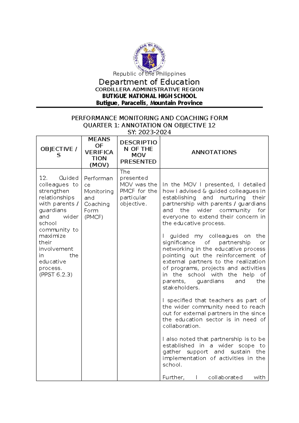 Annotation objective 12 2024 - Republic of the Philippines Department ...