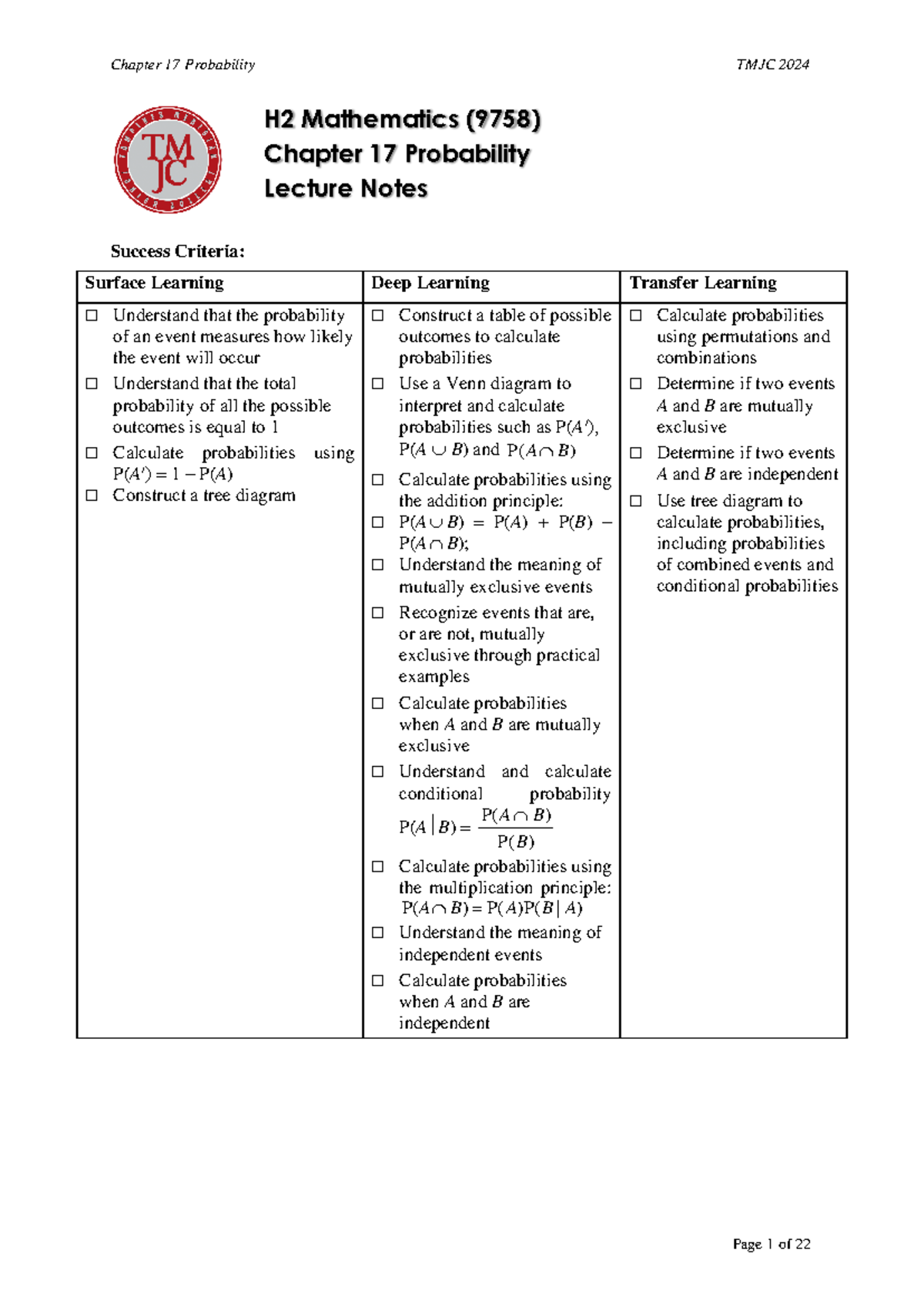 9758 H2 Mathematics Probability Lecture Notes - H2 Mathematics (9758 ...