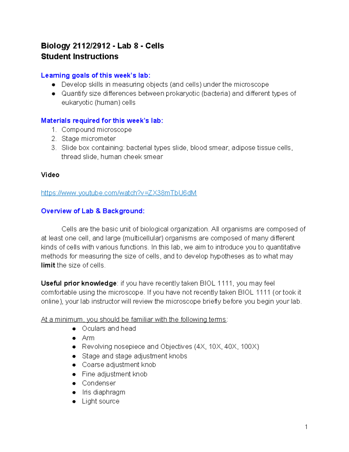 Lab 8 - Cells and Microscopy- Student Instructions ed - Biology 2112/ ...
