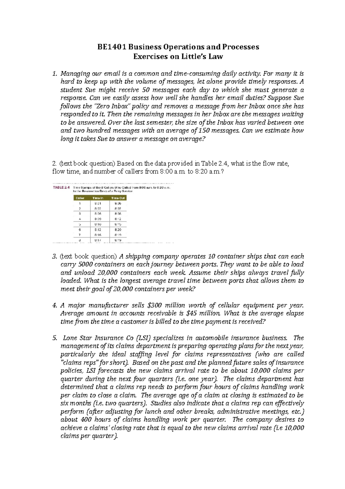 Exercises-Little's Law - BE1401 Business Operations and Processes Exercises on Little’s Law ...
