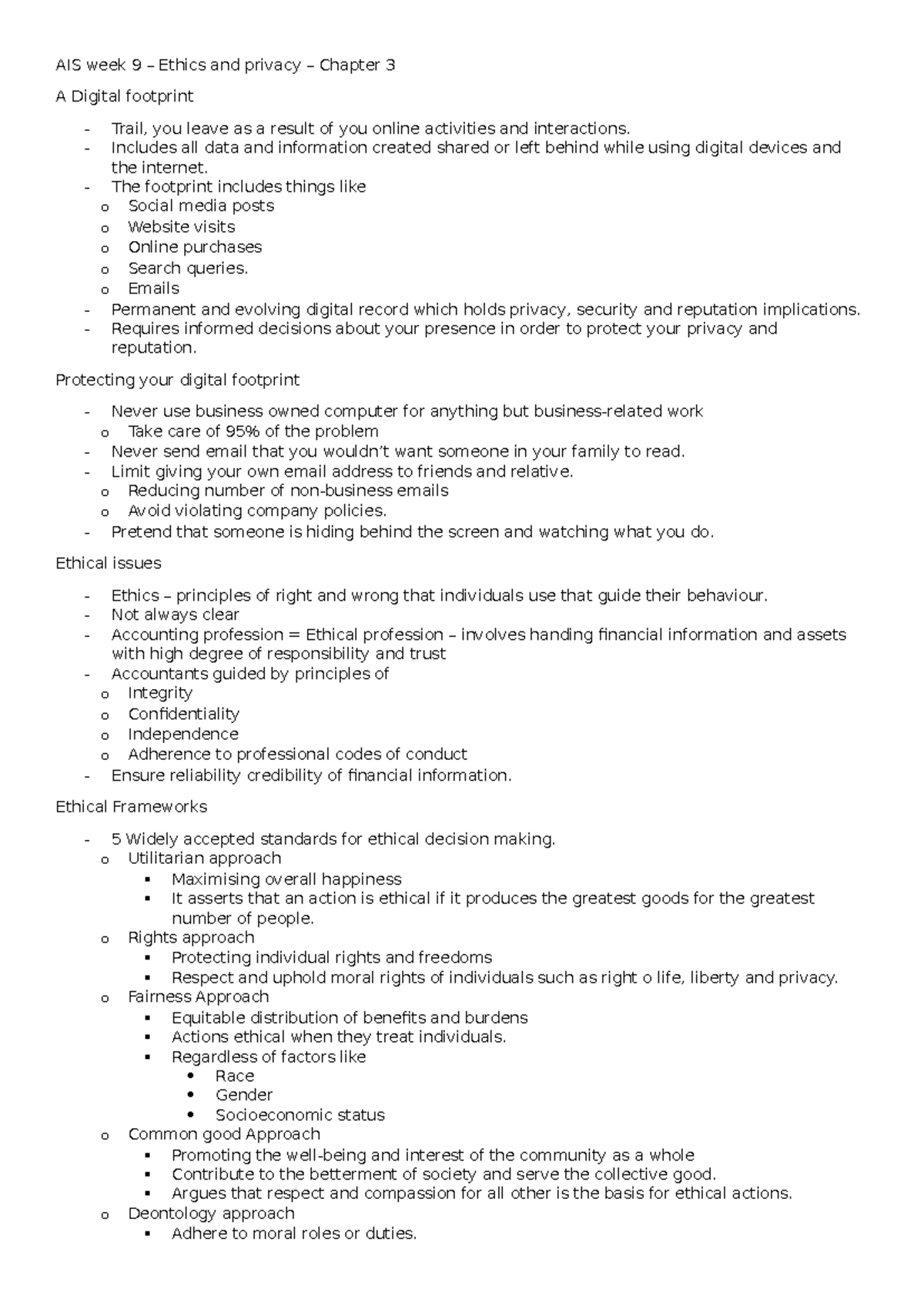 AIS week 9 - Week 9 Notes - AIS week 9 – Ethics and privacy – Chapter 3 ...