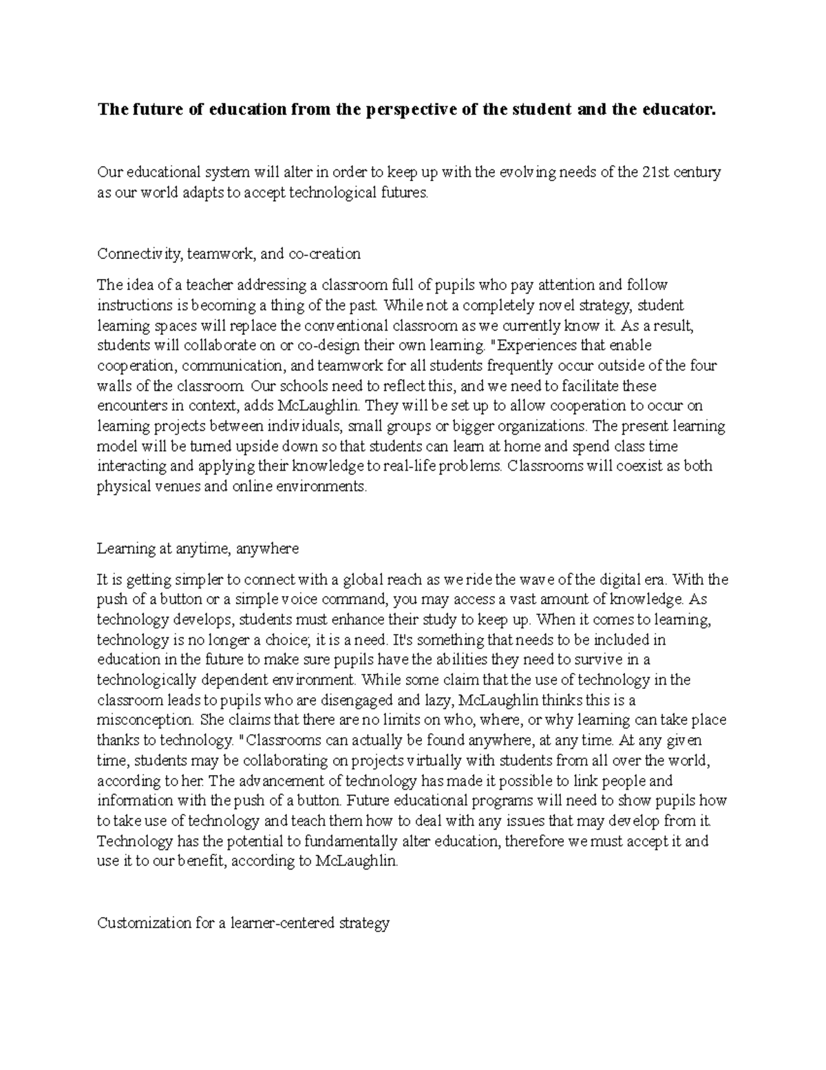 Reflection paper - Future of education - The future of education from ...