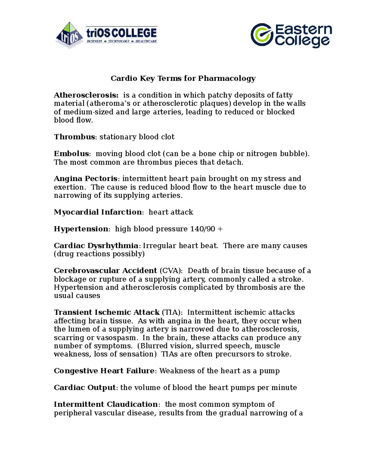 Pharm - Notes, Cardiovascular - Cardio Key Terms for Pharmacology ...