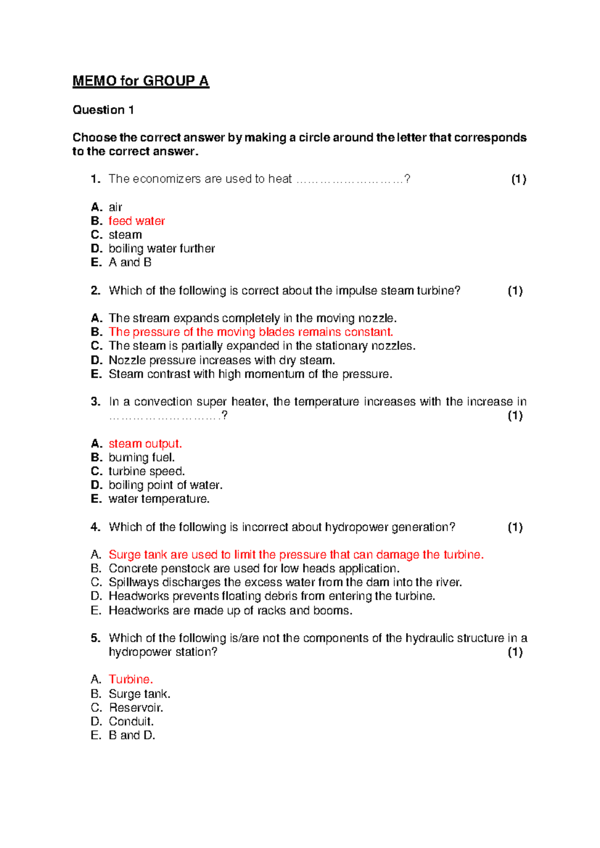 TEST 1A and B MEMO 22 August 2024 - MEMO for GROUP A Question 1 Choose ...